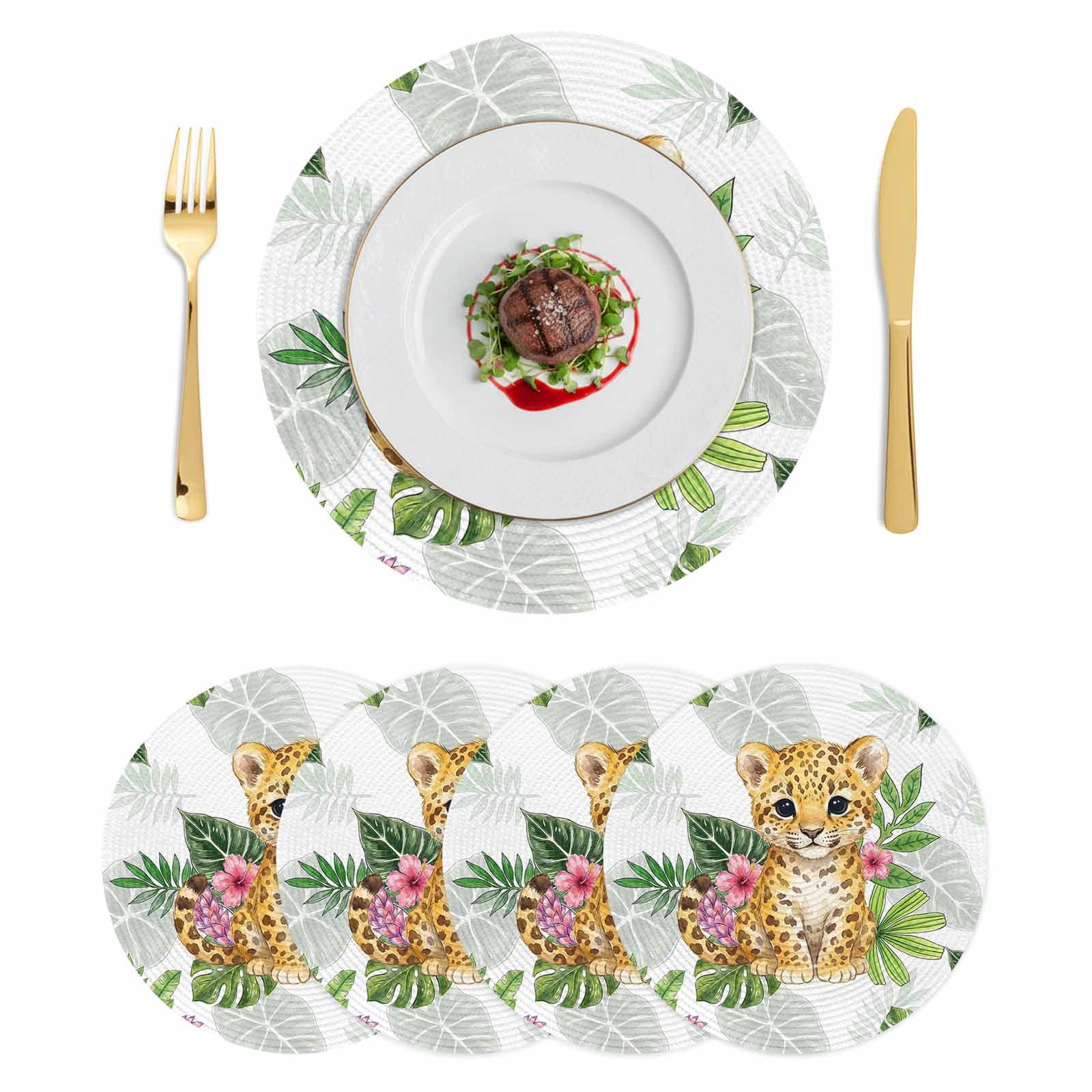 Cute Leopard Round 15 Inch Placemats Set of 4, Summer Tropical Animals ...
