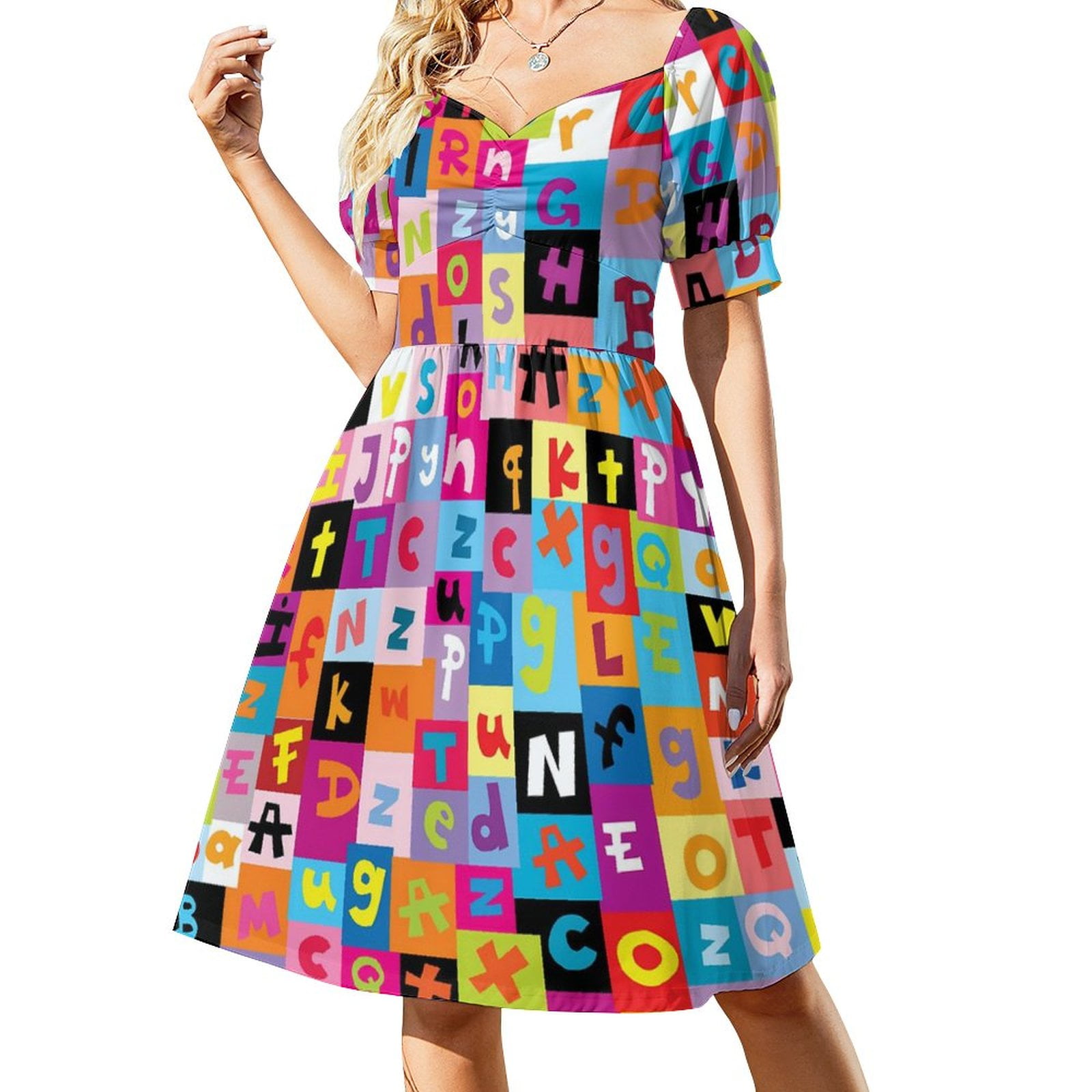 Cute Lette Print Dress Colorful Alphabet Elegant Dresses Woman Short ...