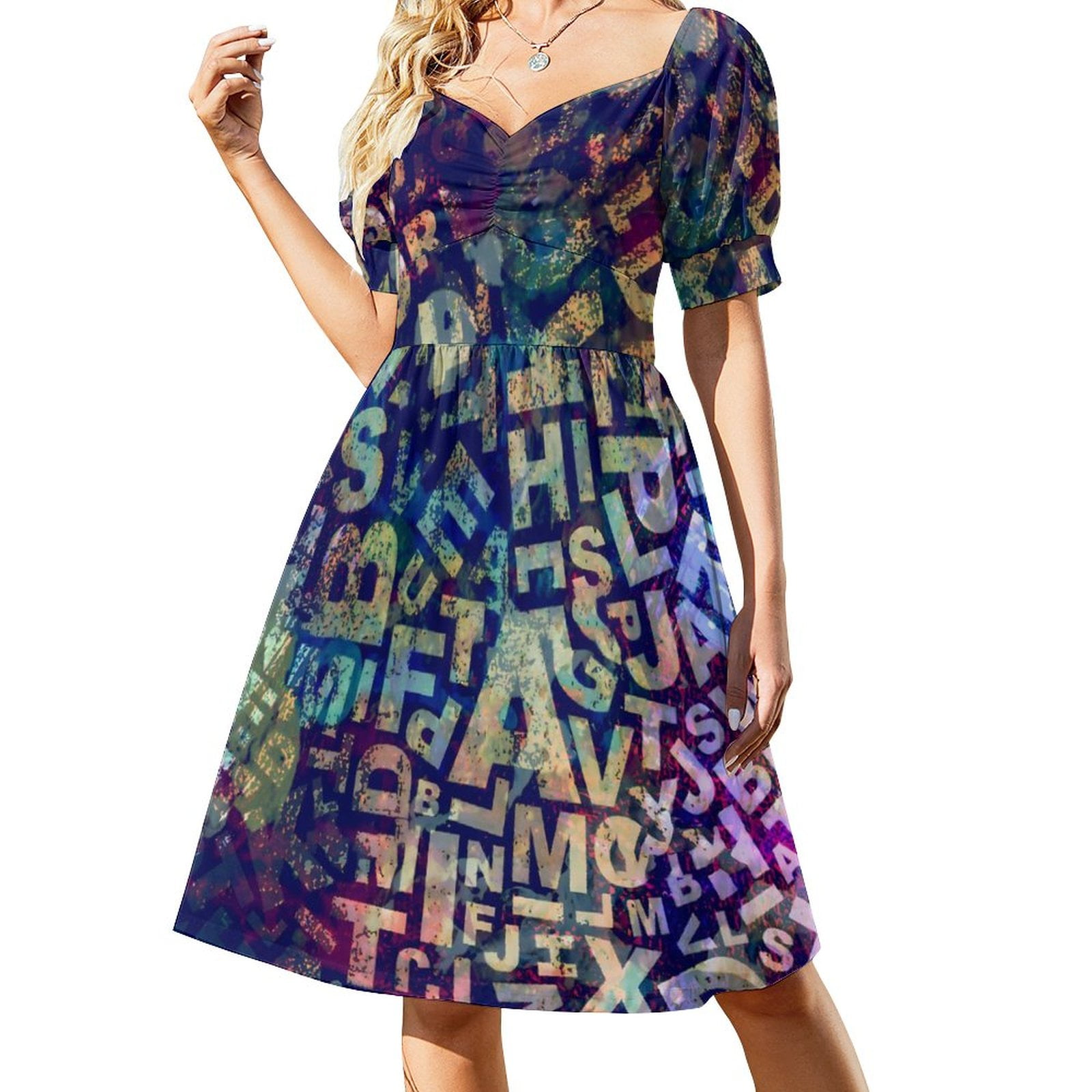 Cute Lette Print Dress Colorful Alphabet Elegant Dresses Woman Short ...