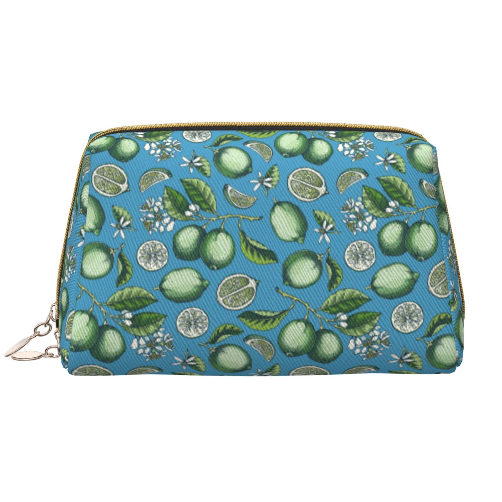 Cute Limes Leaves Flowers Blue Makeup Bag, Large Capacity Cosmetic Bag ...