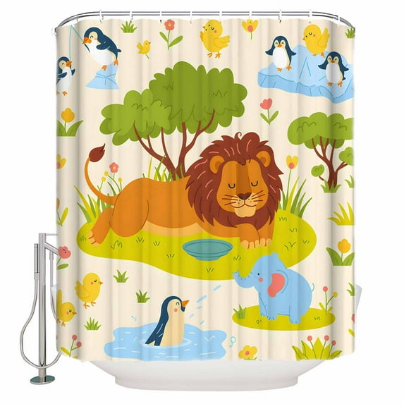Cute Lion Bathroom Shower Curtains with 12 Hooks Polyester Waterproof ...
