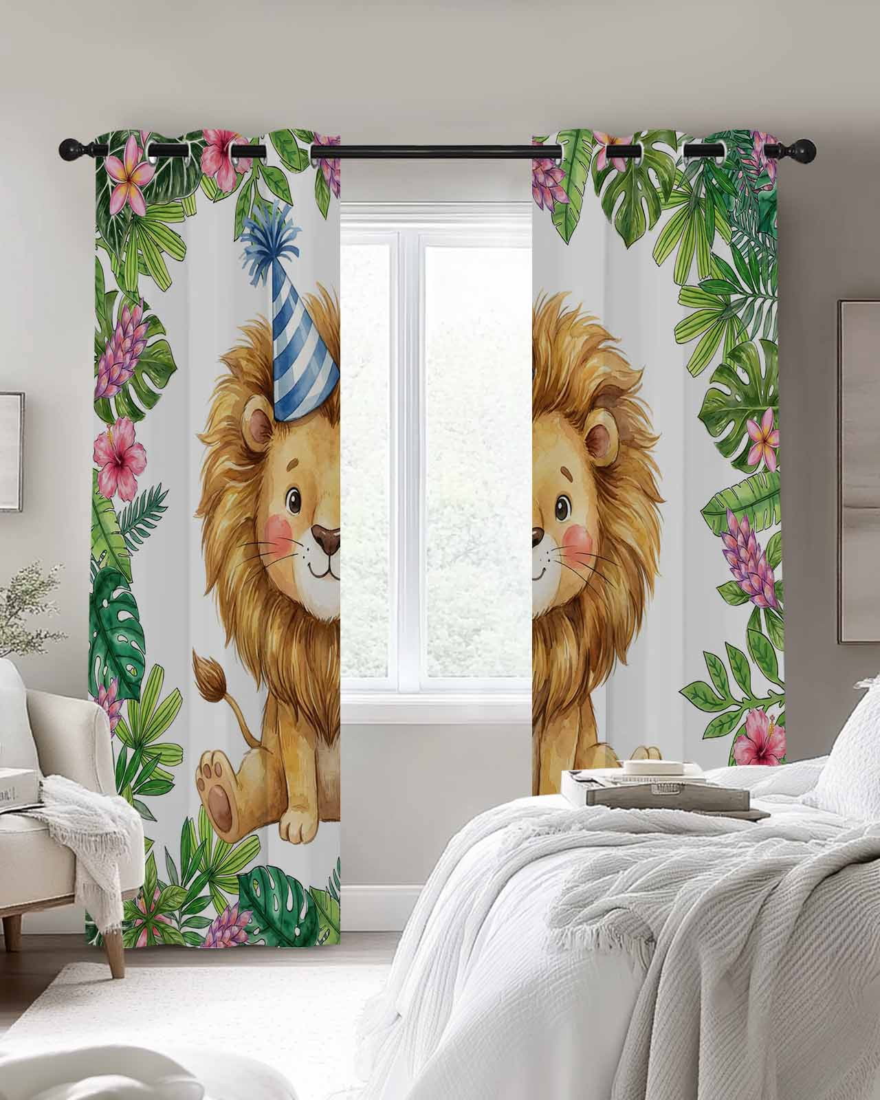 Cute Lion Blackout Curtains 2 Panels Pink Flower Green Leaf Cartoon ...