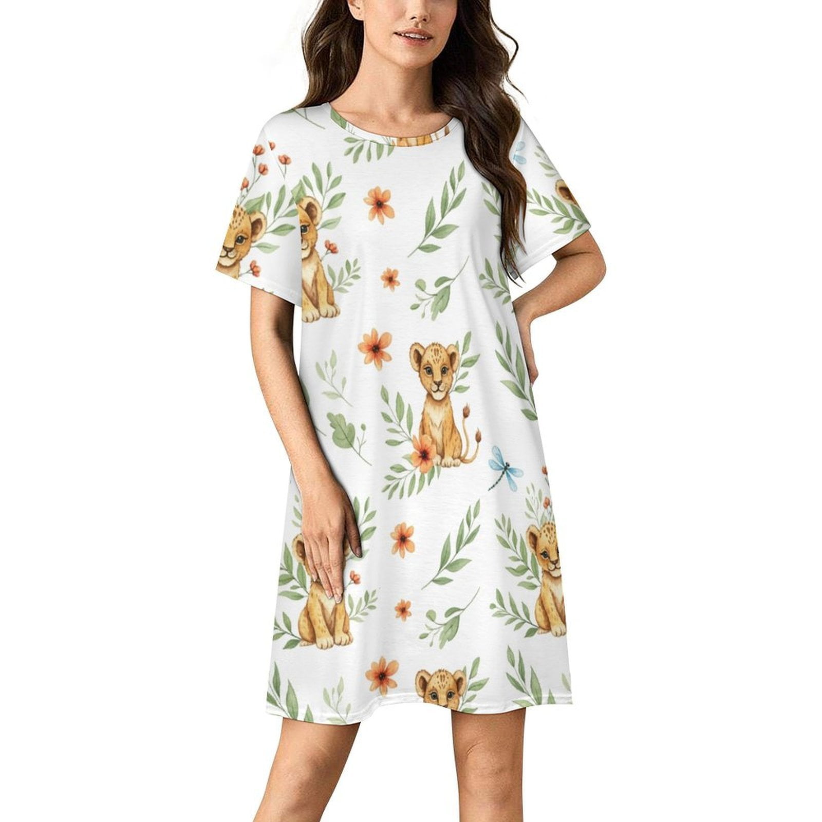 Cute Lion Cubs Floral Pattern Women Nightgown Sleepwear Short Sleeves ...