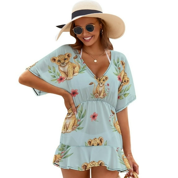 Cute Lion Cubs Floral Print Beach Cover Ups Women V Neck Short Sleeve ...