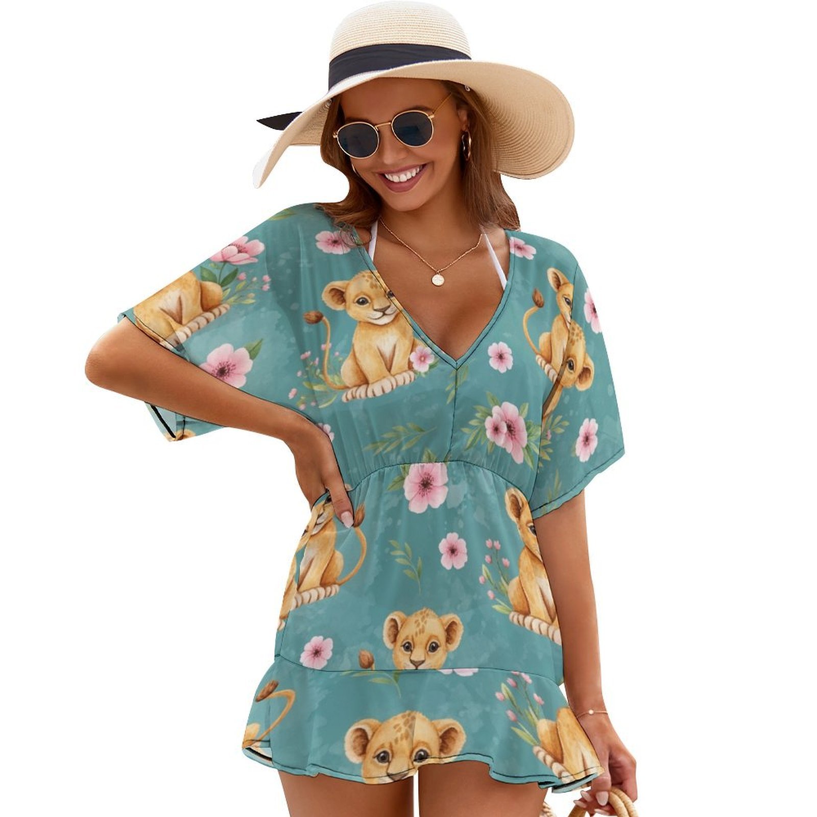 Cute Lion Cubs Floral Print Cover Ups Dresses Women Summer Dress ...