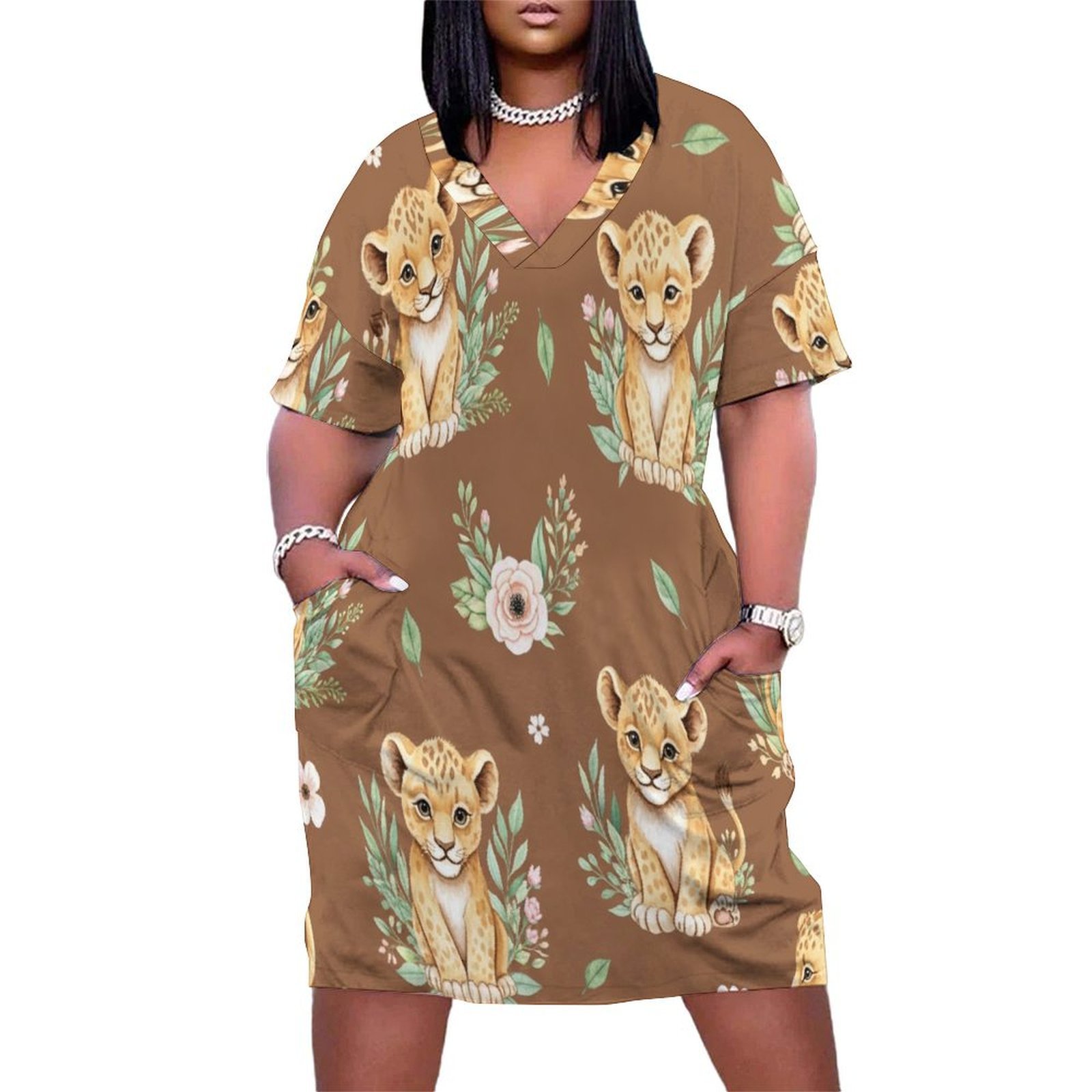 Cute Lion Cubs Floral Print Loose Pocket Dress Dresses Summer Summer ...