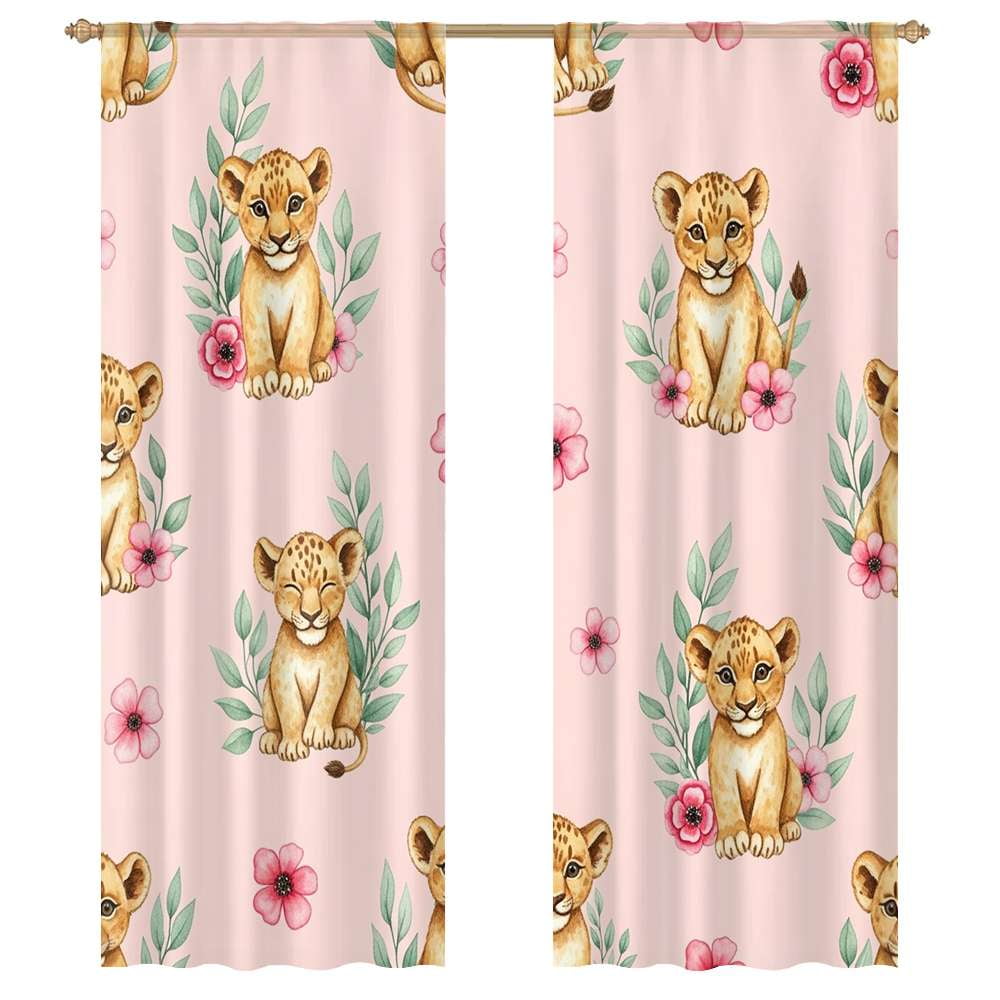 Cute Lion Cubs Floral Print Tulle Curtains For Living Room Chiffon ...