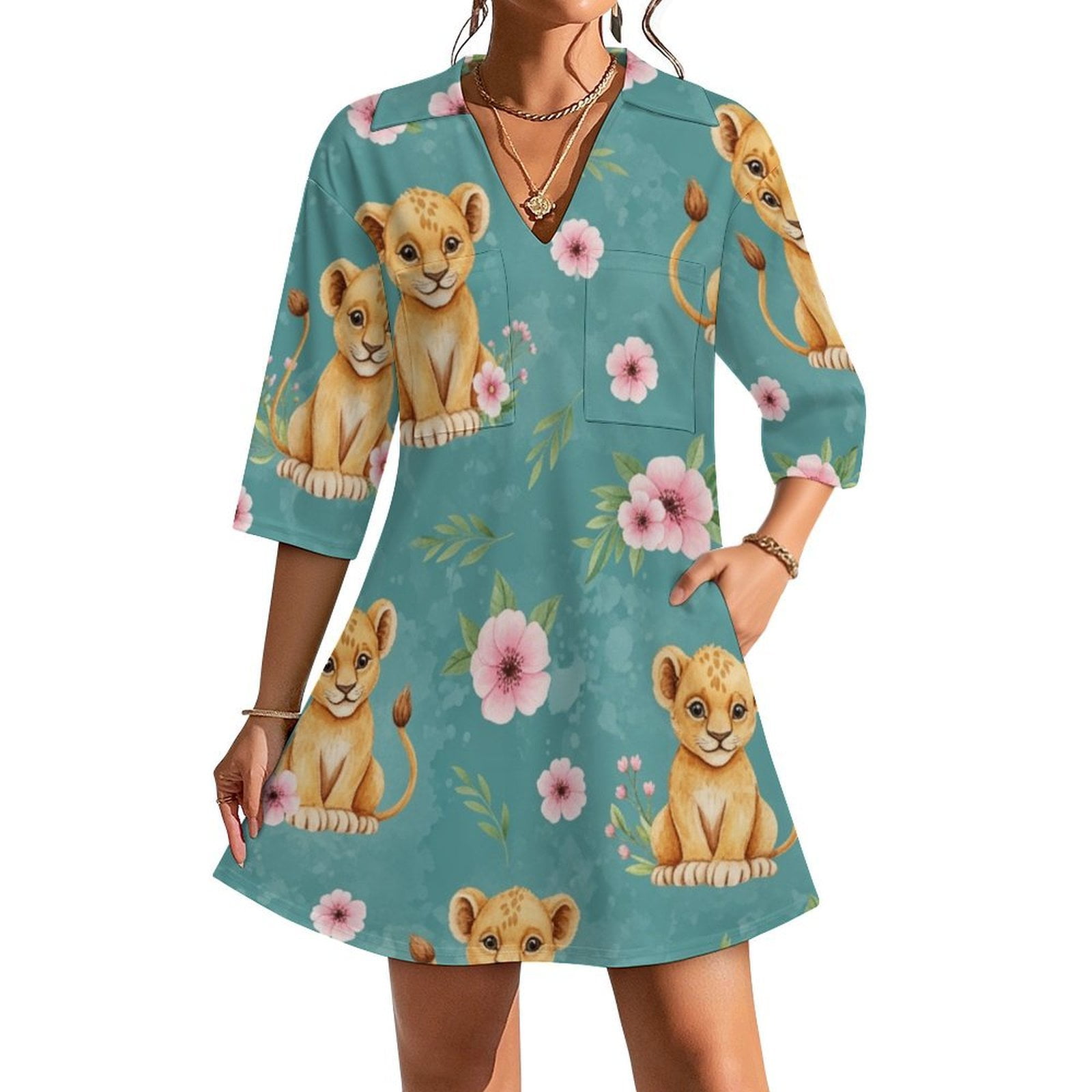 Cute Lion Cubs Floral Print Womens Dress With Pockets Summer V Neck 3/4 ...