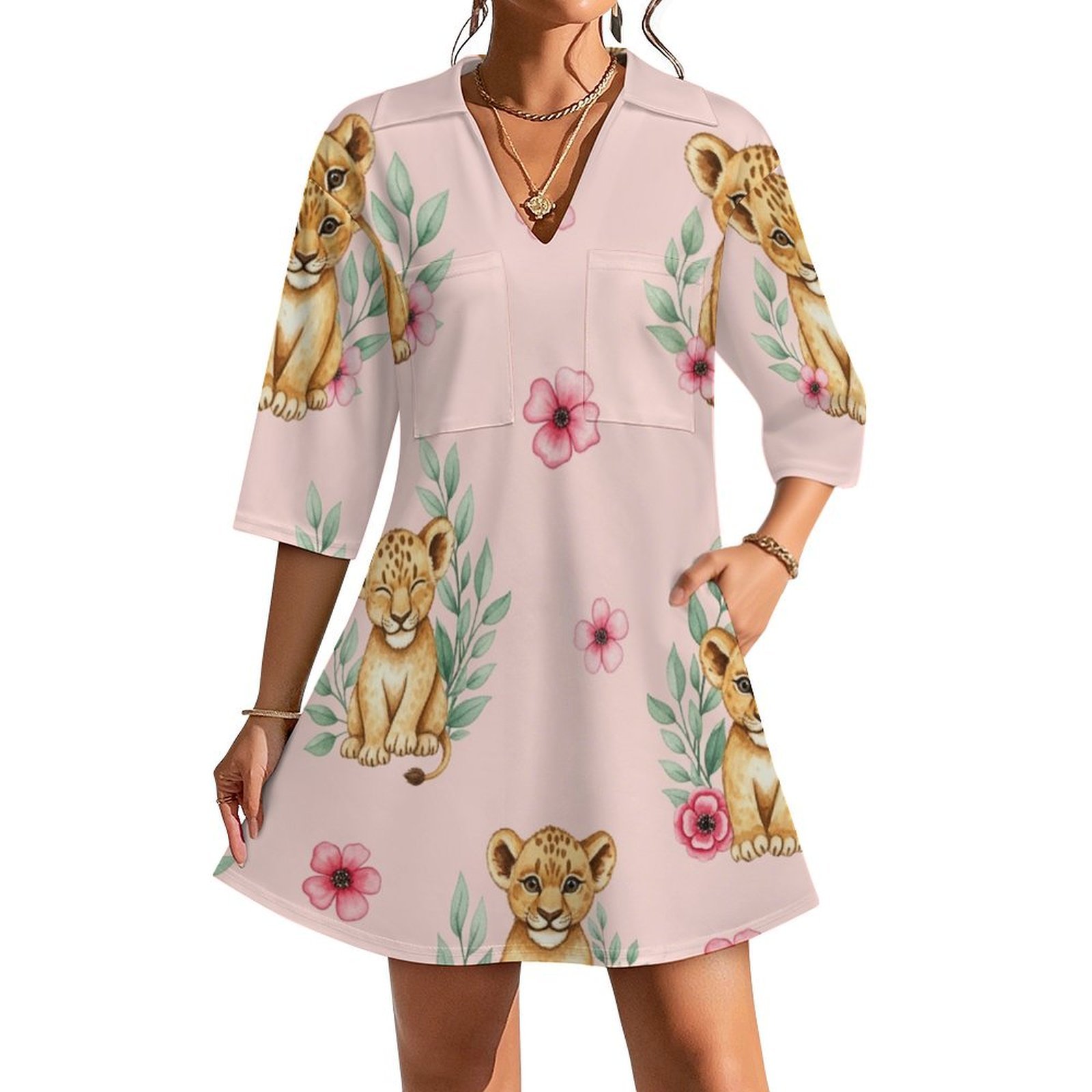 Cute Lion Cubs Floral Print Womens Dress With Pockets Summer V Neck 3/4 ...