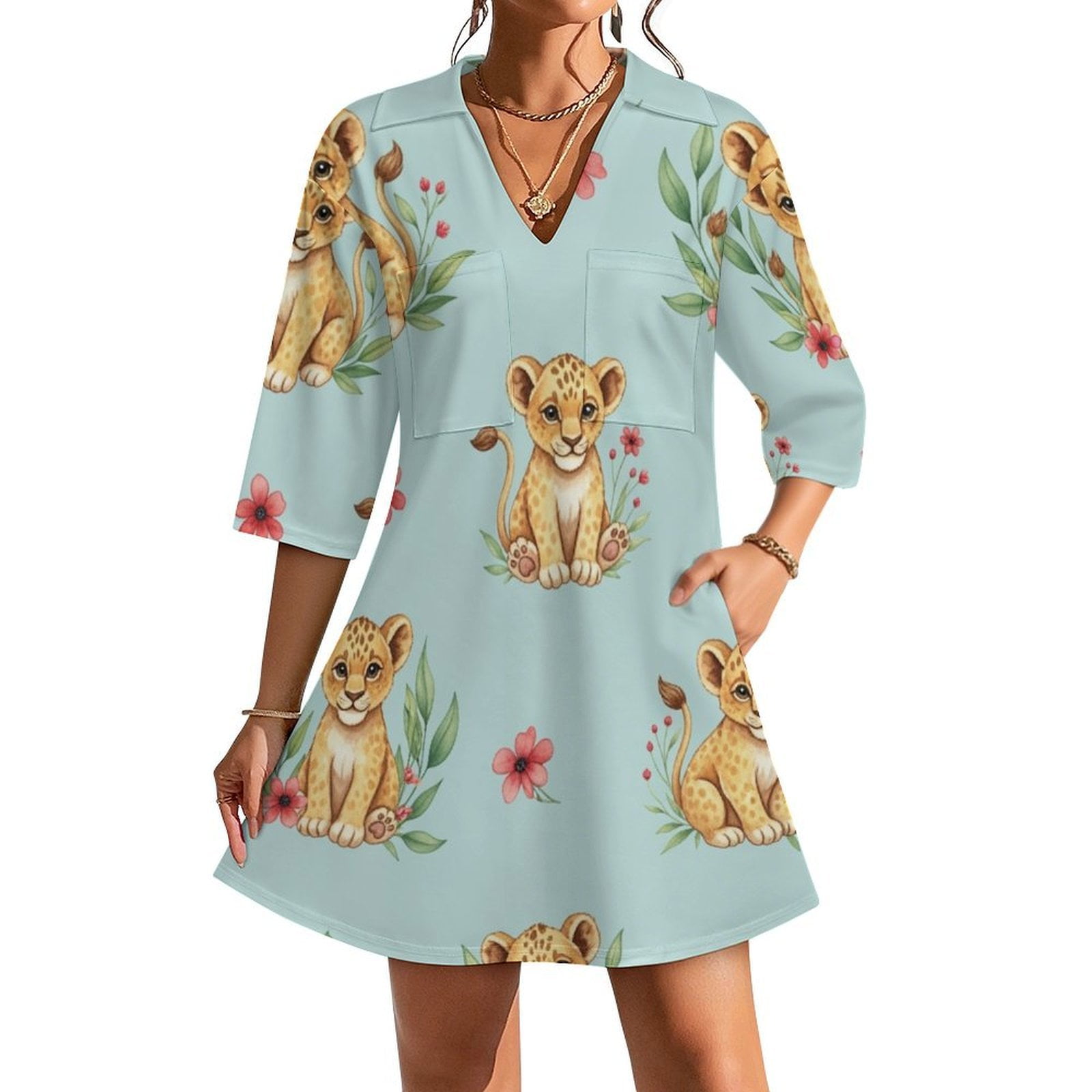 Cute Lion Cubs Floral Print Womens Dress With Pockets Summer V Neck 3/4 ...