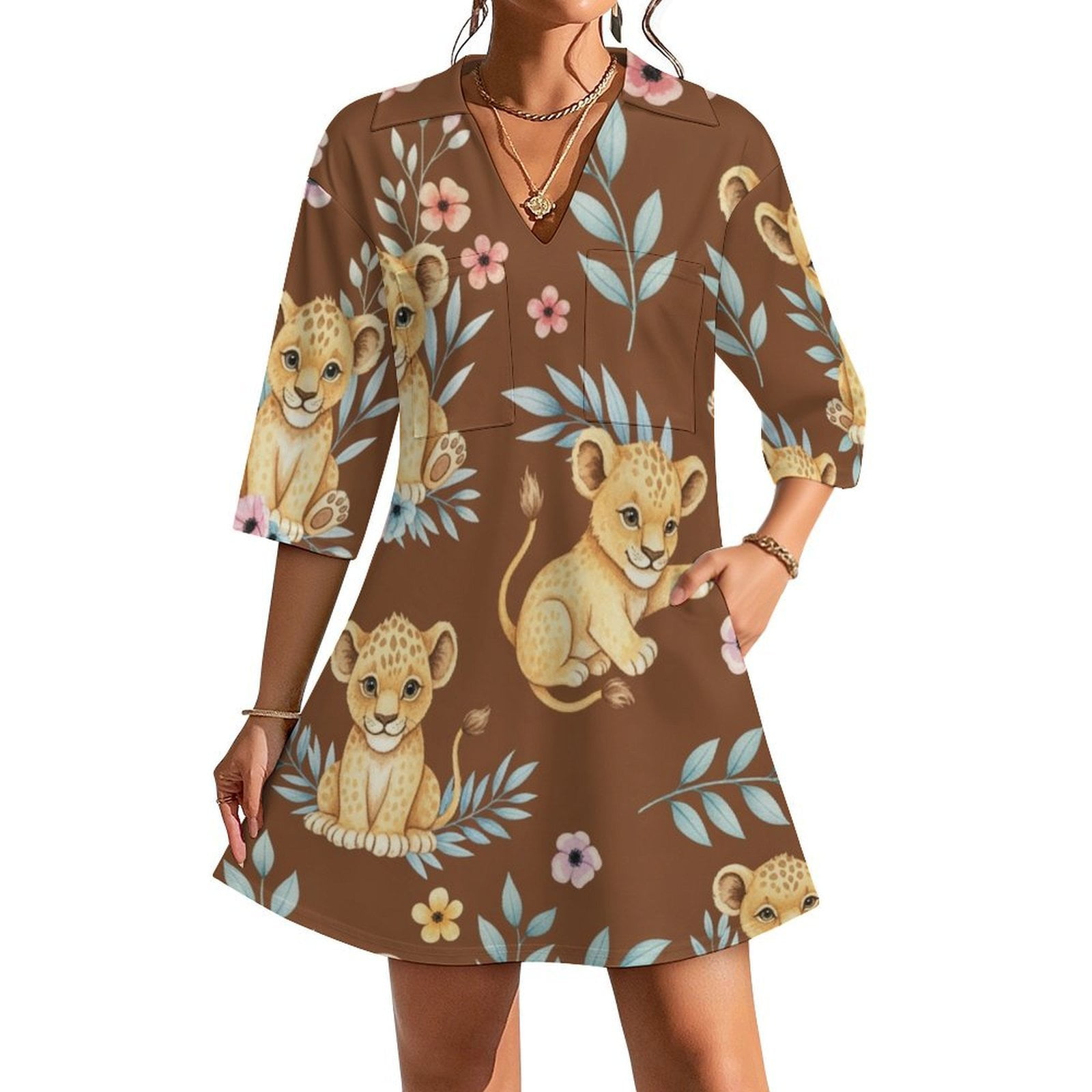 Cute Lion Cubs Floral Print Womens Dress With Pockets Summer V Neck 3/4 ...