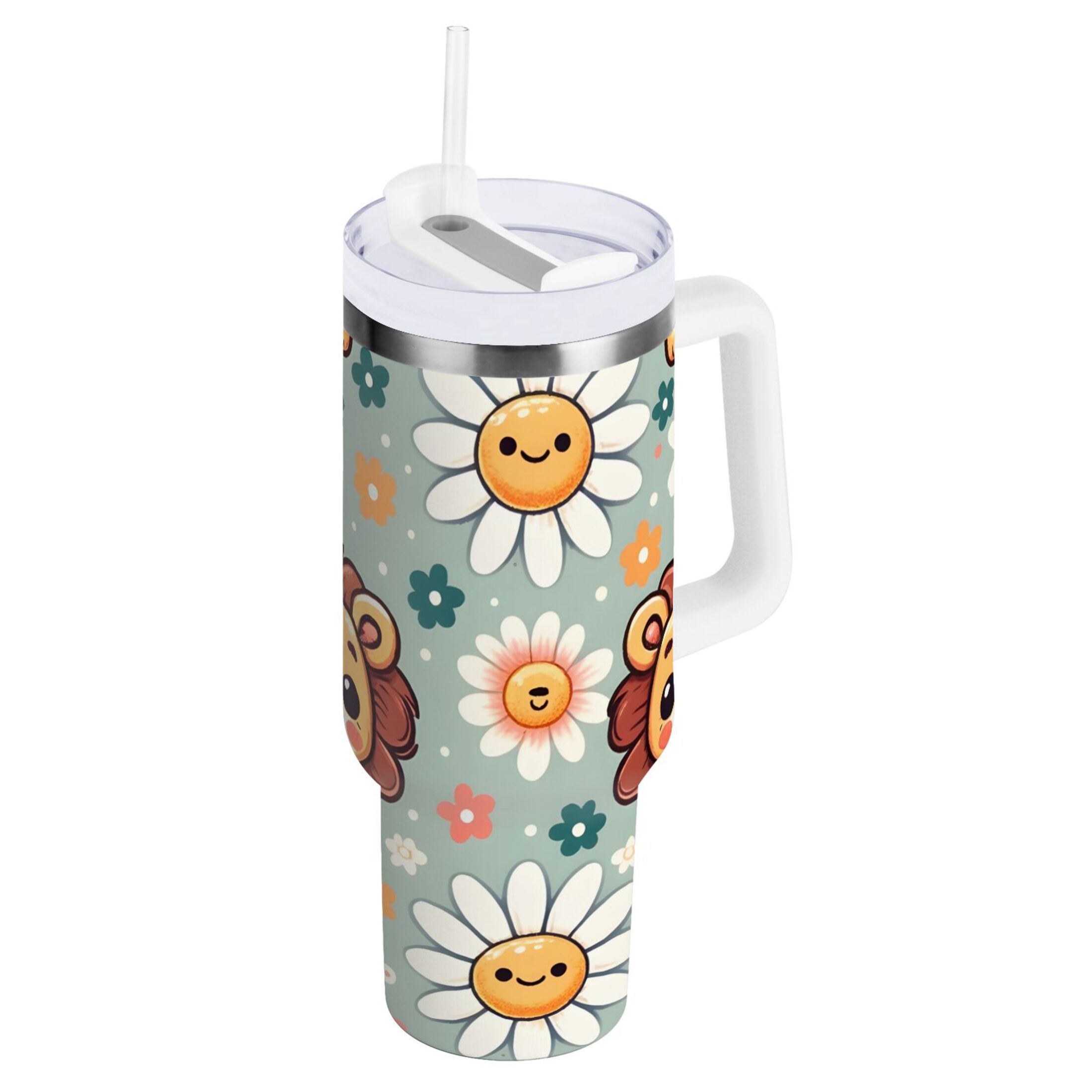 Cute Lion Face and Daisy 40 oz Tumbler with Handle and Straw Lid Vacuum ...
