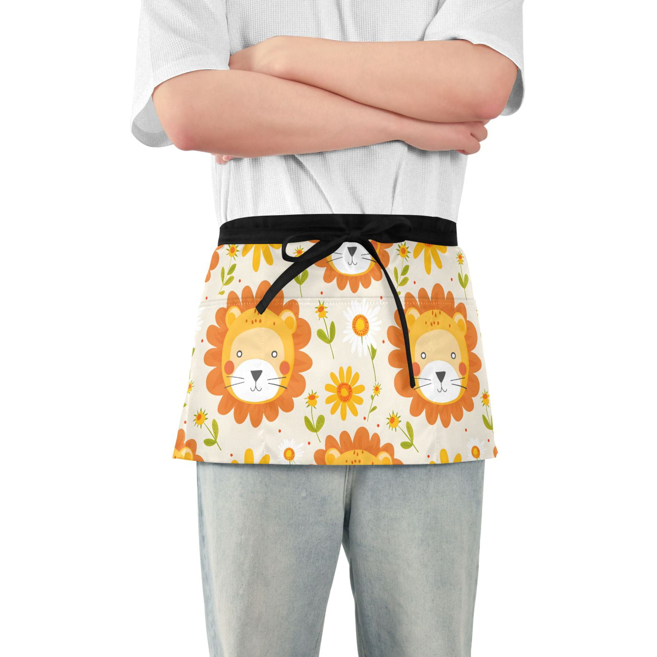 Cute Lion Face and Flower Server Apron with 3 Pockets Waterproof ...