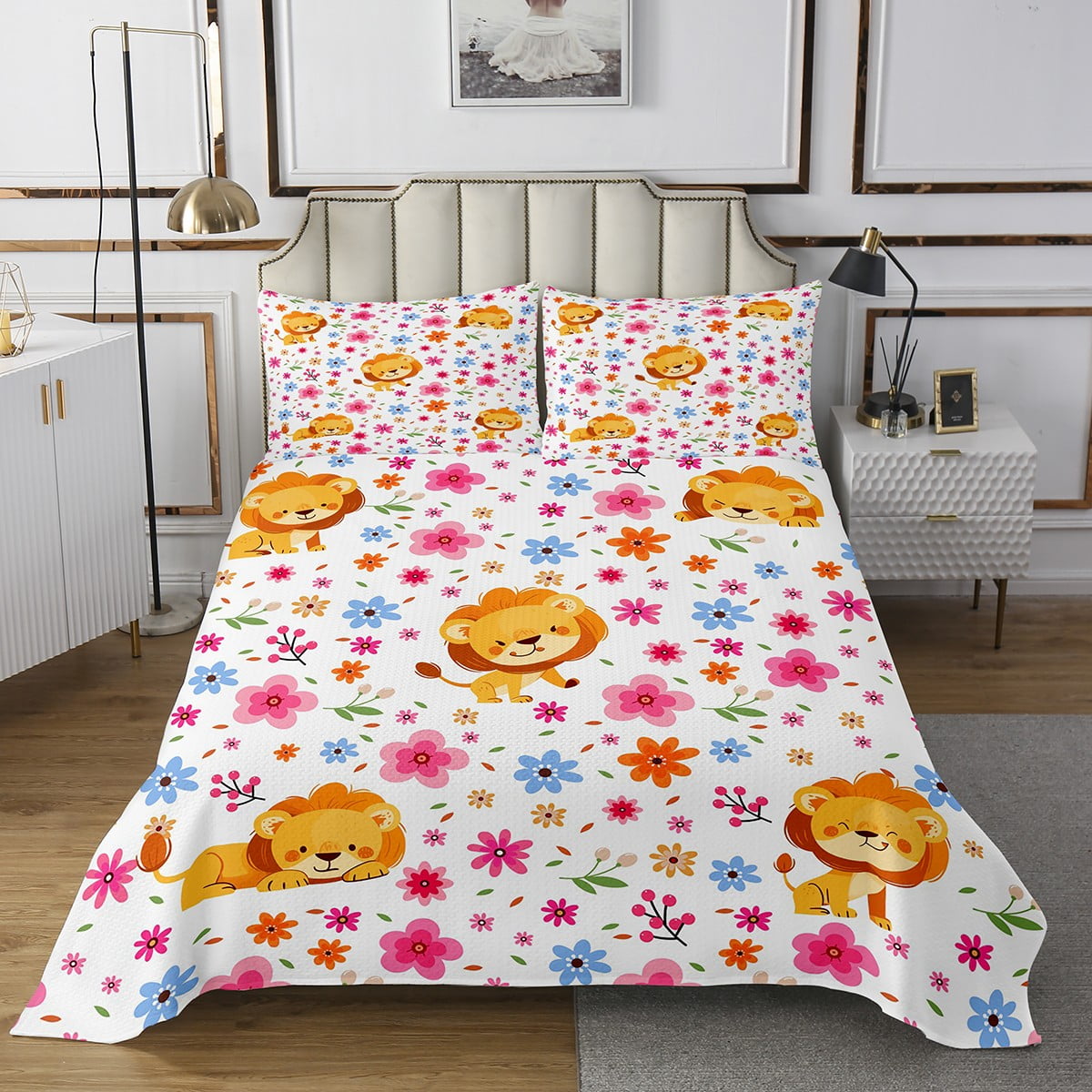 Cute Lion Queen Bedspread Set Girly Pink Floral Quilt Set for Kids ...