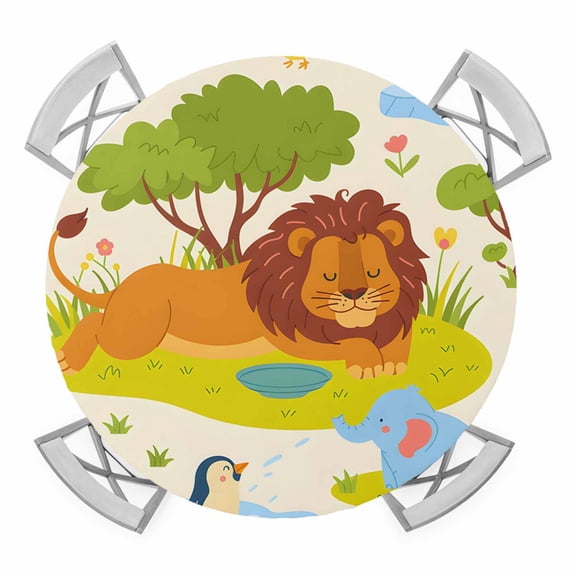 Cute Lion Round Tablecloth for 45-54 Inch Tables, Fitted Table Cover ...