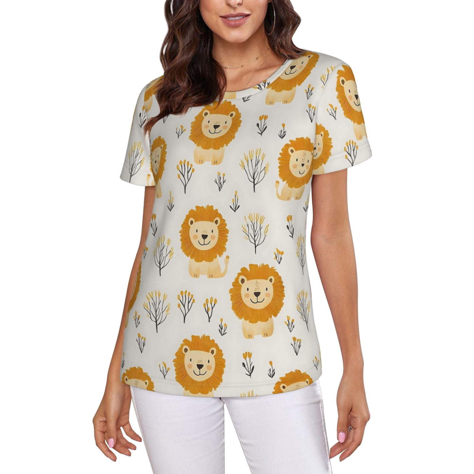 Cute Lion T-Shirt Crew Neck Short Sleeve Full-Print for Women - Walmart.com