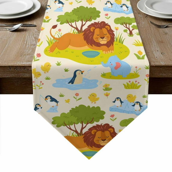 Cute Lion Table Runner Linen Burlap Table Runner 120 Inches Long Funny ...