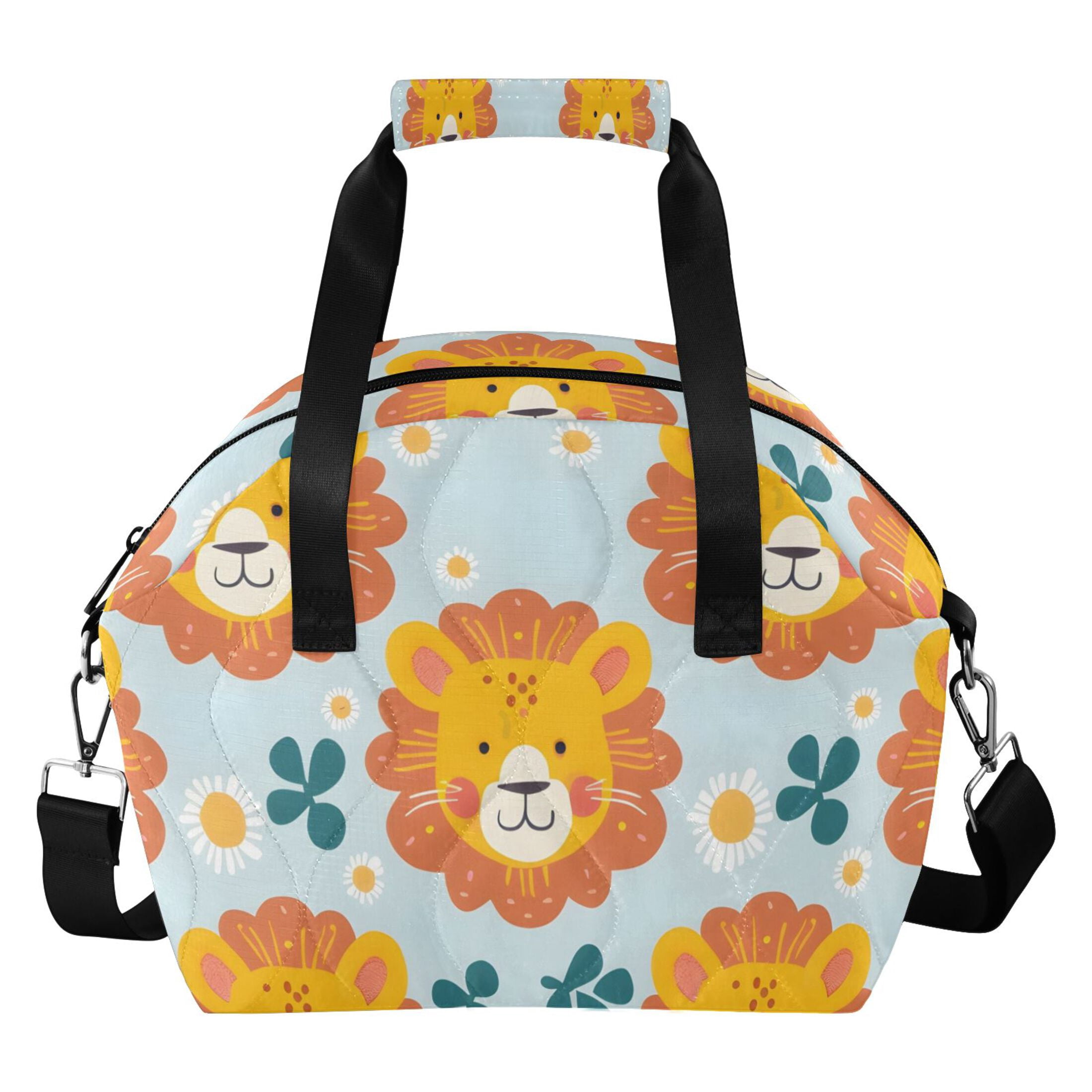 Cute Lions Daisies and Leaves Insulated Lunch Bag Reusable Quilted ...