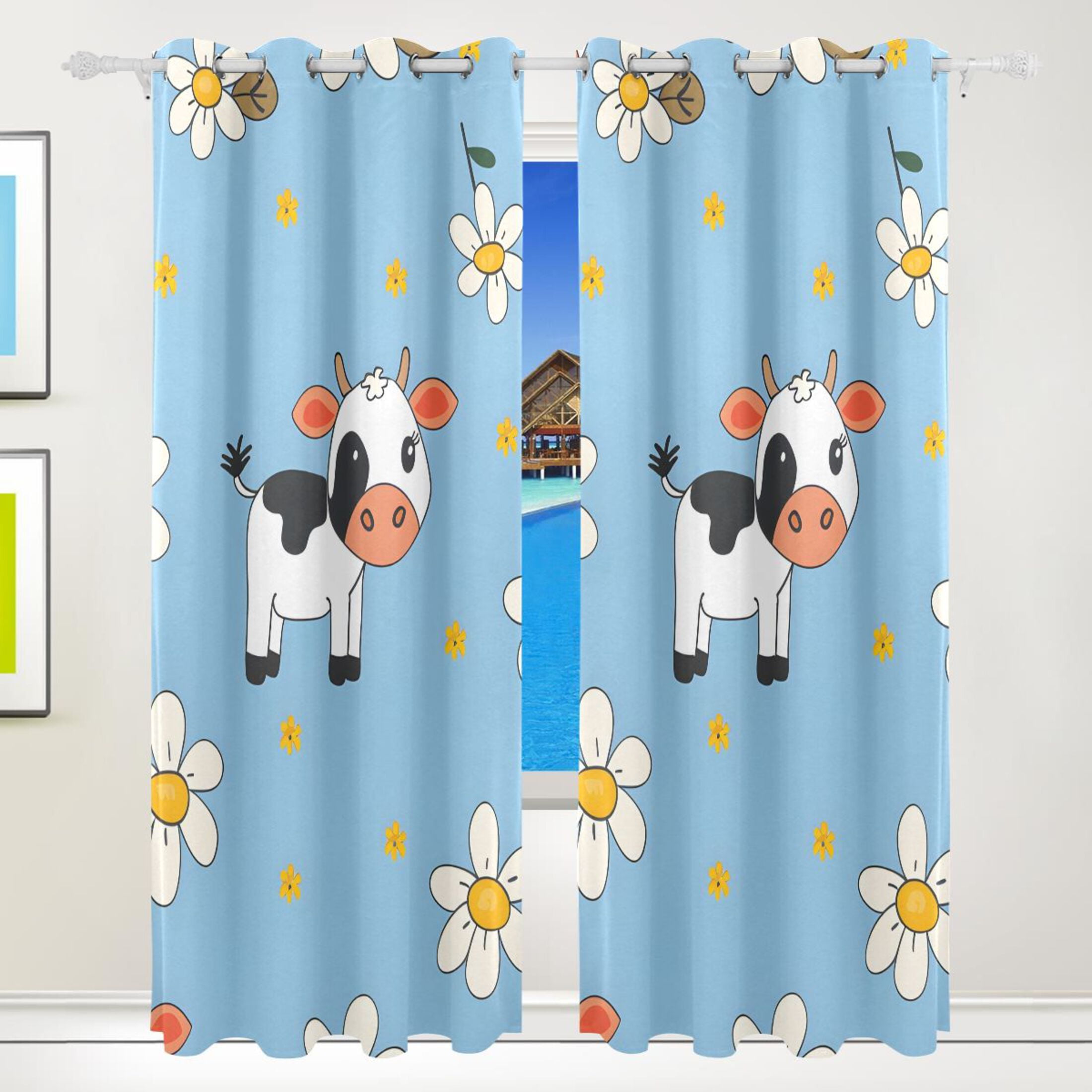 Cute Little Cow and Daisy Blackout Curtains 72 inch Length 2 Panels ...