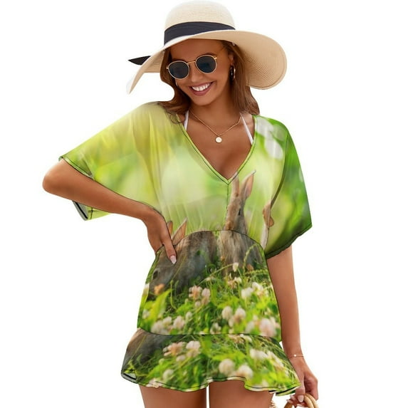 Cute Little Easter Bunnies on Green Grass Beach Cover Ups Women V Neck ...