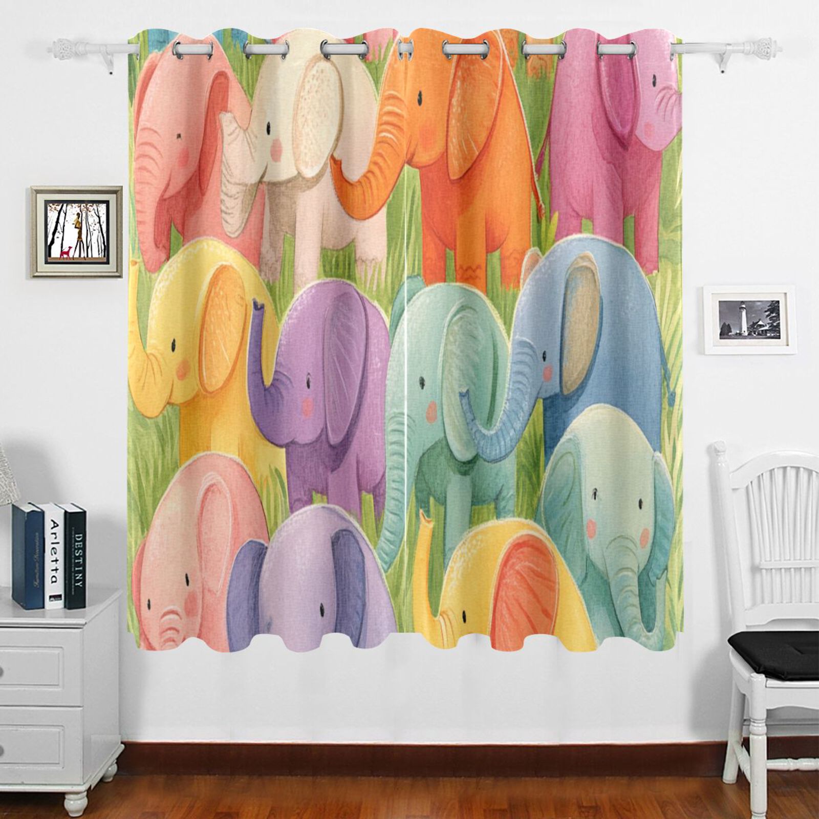 Cute Little Elephants Curtains Grommet Black Out 63 Inch Length Curtain ...