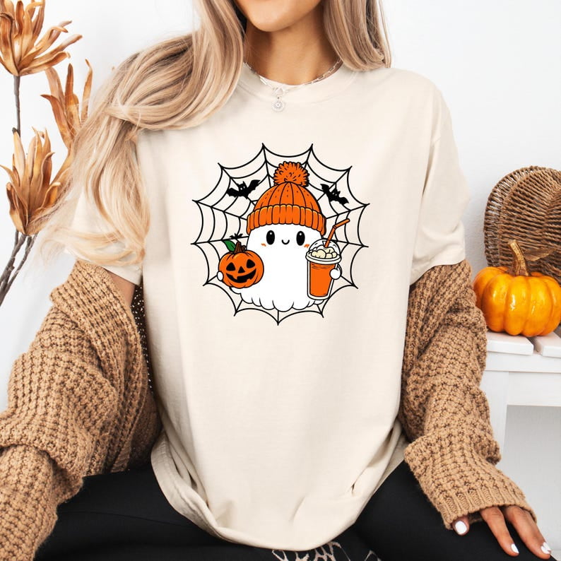 Cute Little Ghost Ice Coffee Tshirt, Halloween Ghost Tee, Pumpkin Spice Shirt, Cozy Fall Ghost ...