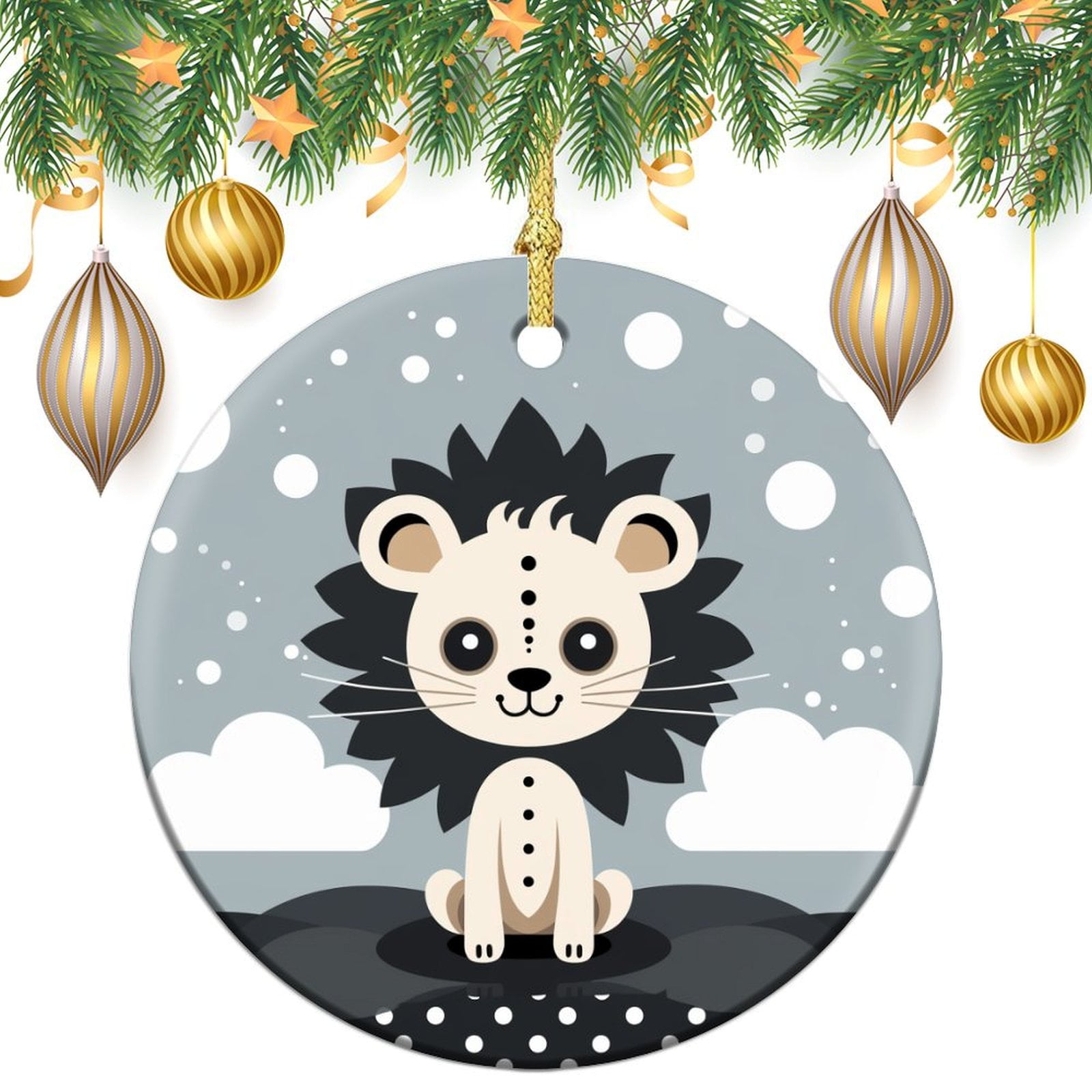 Cute Little Lion Sitting In The Clouds Christmas Tree Ornament Cartoon ...