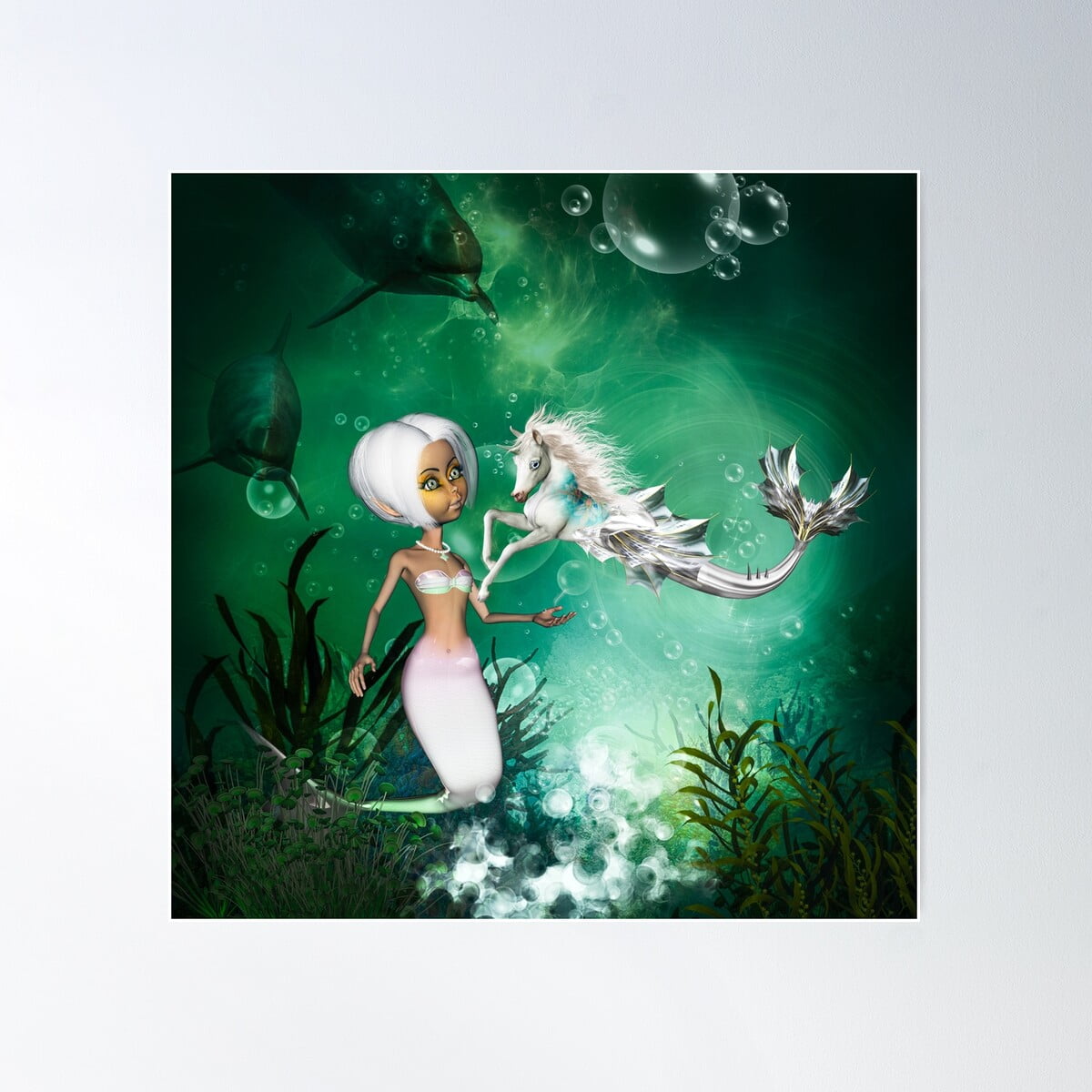 Cute Little Mermaid With Little Seahorse Poster Wall Art, Modern Wall ...