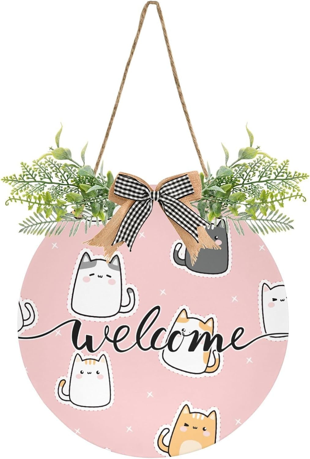 Cute Little Pastel Cat Welcome Sign Farmhouse Front Porch Door Hanging ...
