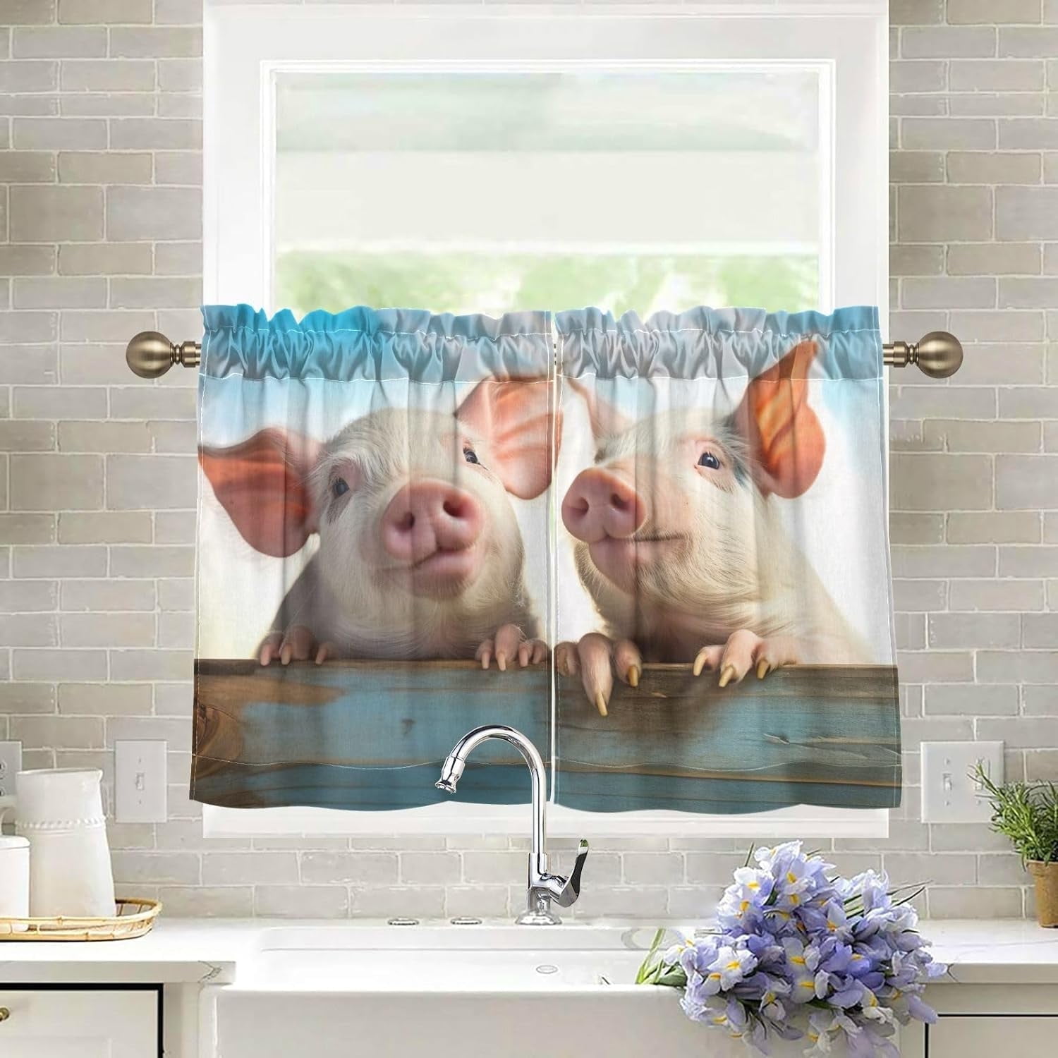 Cute Little White Pig Half Window Tier Curtains 24 Inch Blackout ...