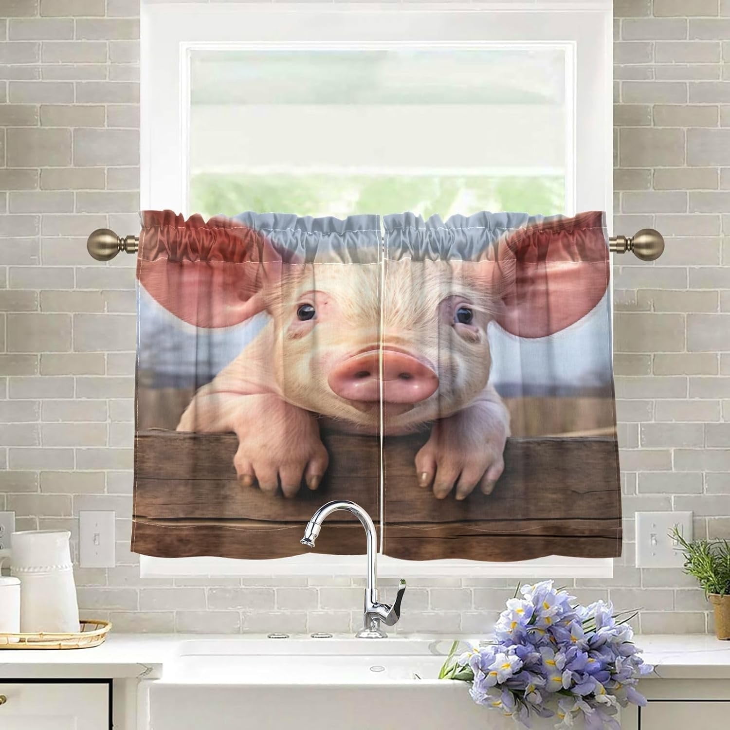 Cute Little White Pig Half Window Tier Curtains 36 Inch Blackout ...