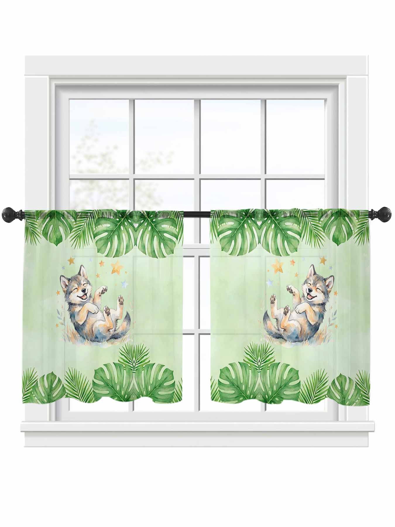 Cute Little Wolves Sheer Curtains 2 Panels Set Green Leaf Tropical ...