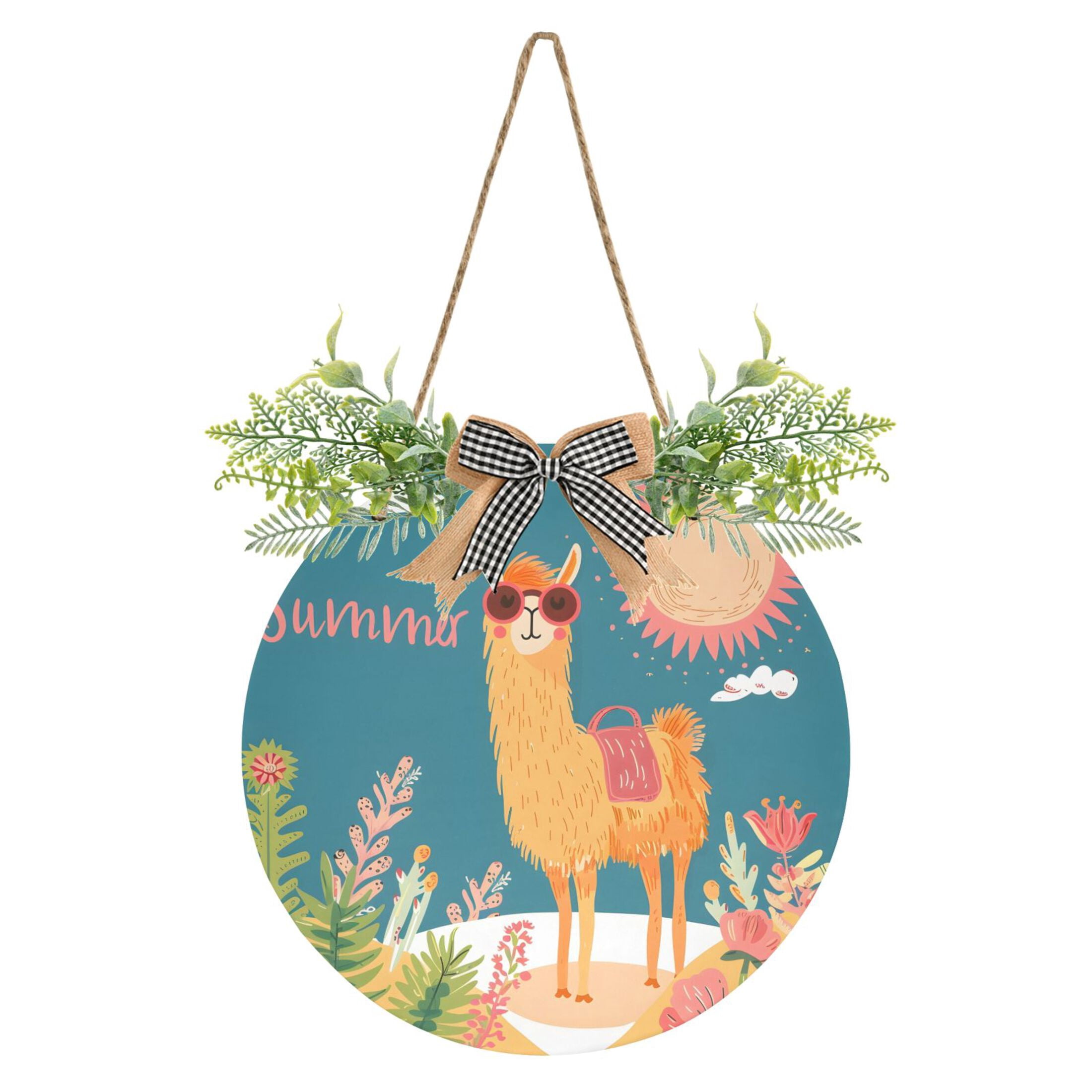 Cute Llama with Summer Sun Welcome Front Door Sign Round 12 inch Porch ...