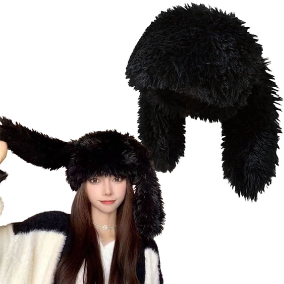 Cute Long Bunny Ear Plush Hat, Plush Faux Rabbit Fur Trapper Cap ...