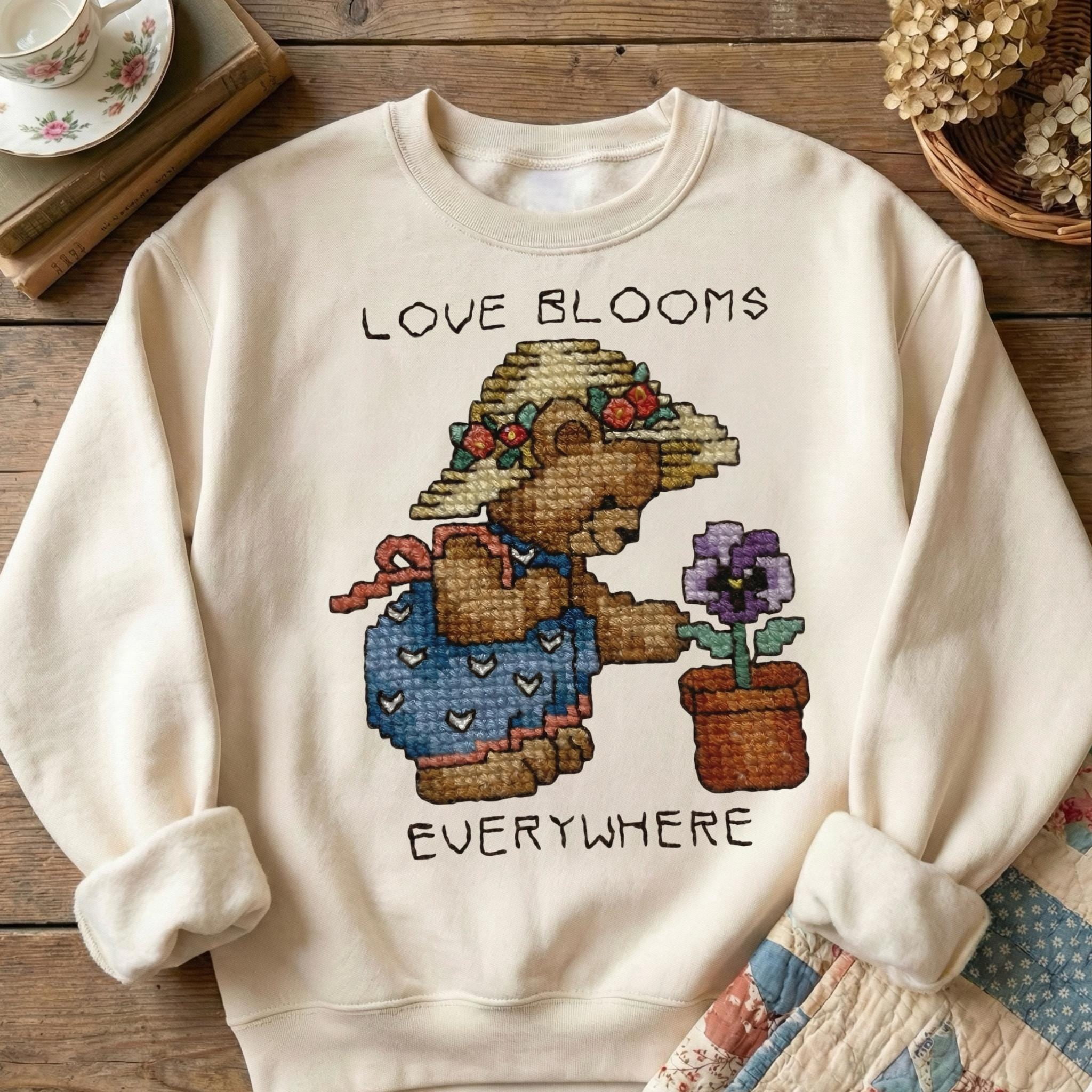 Cute Love Blooms Everywhere Bear Sweatshirt, Faux Cross Stitch Bear ...