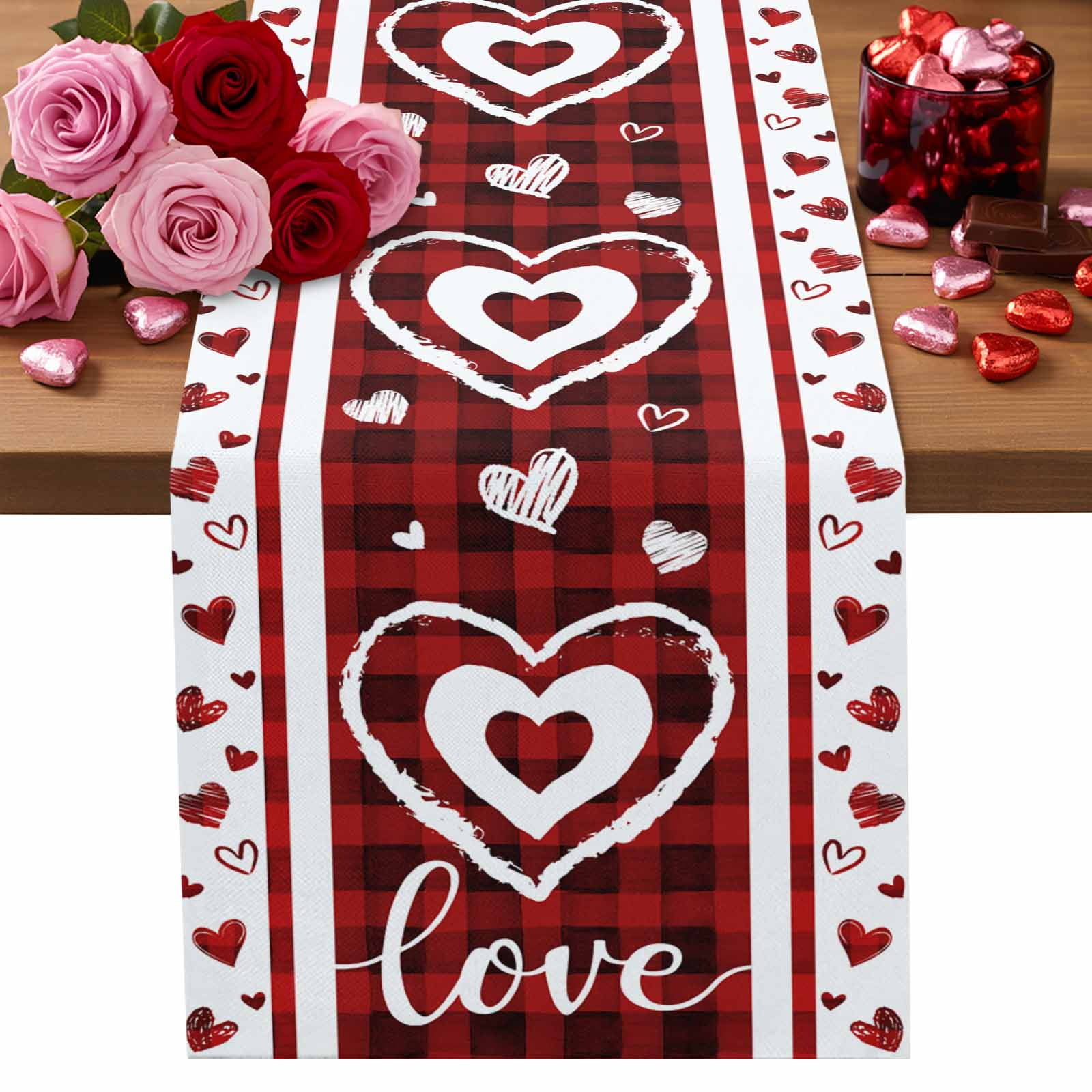 Cute Love Heart Cotton Linen Table Runner Red Buffalo Plaid Dining ...