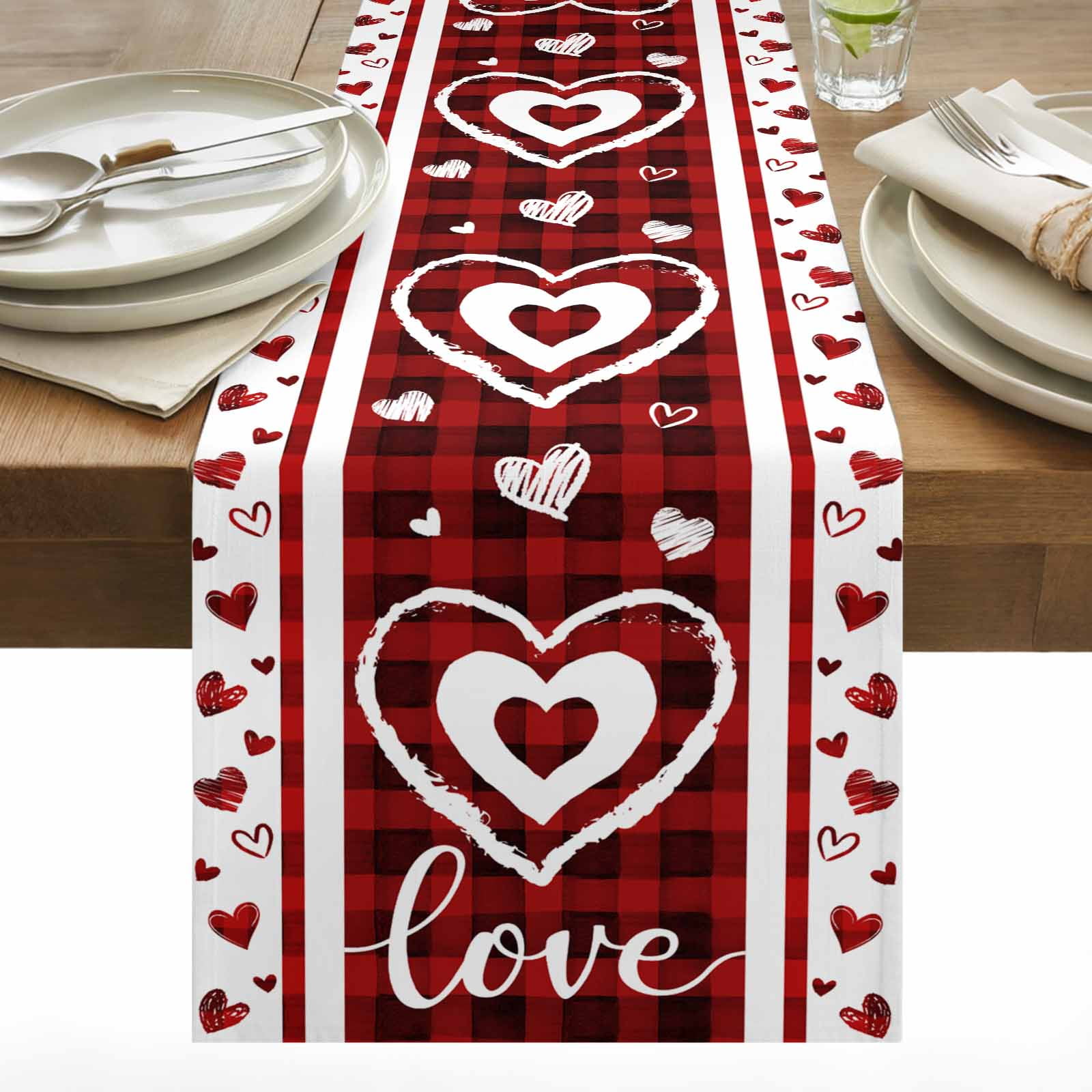 Cute Love Heart Table Runner 13x90 inch Red Buffalo Plaid Cotton Linen ...
