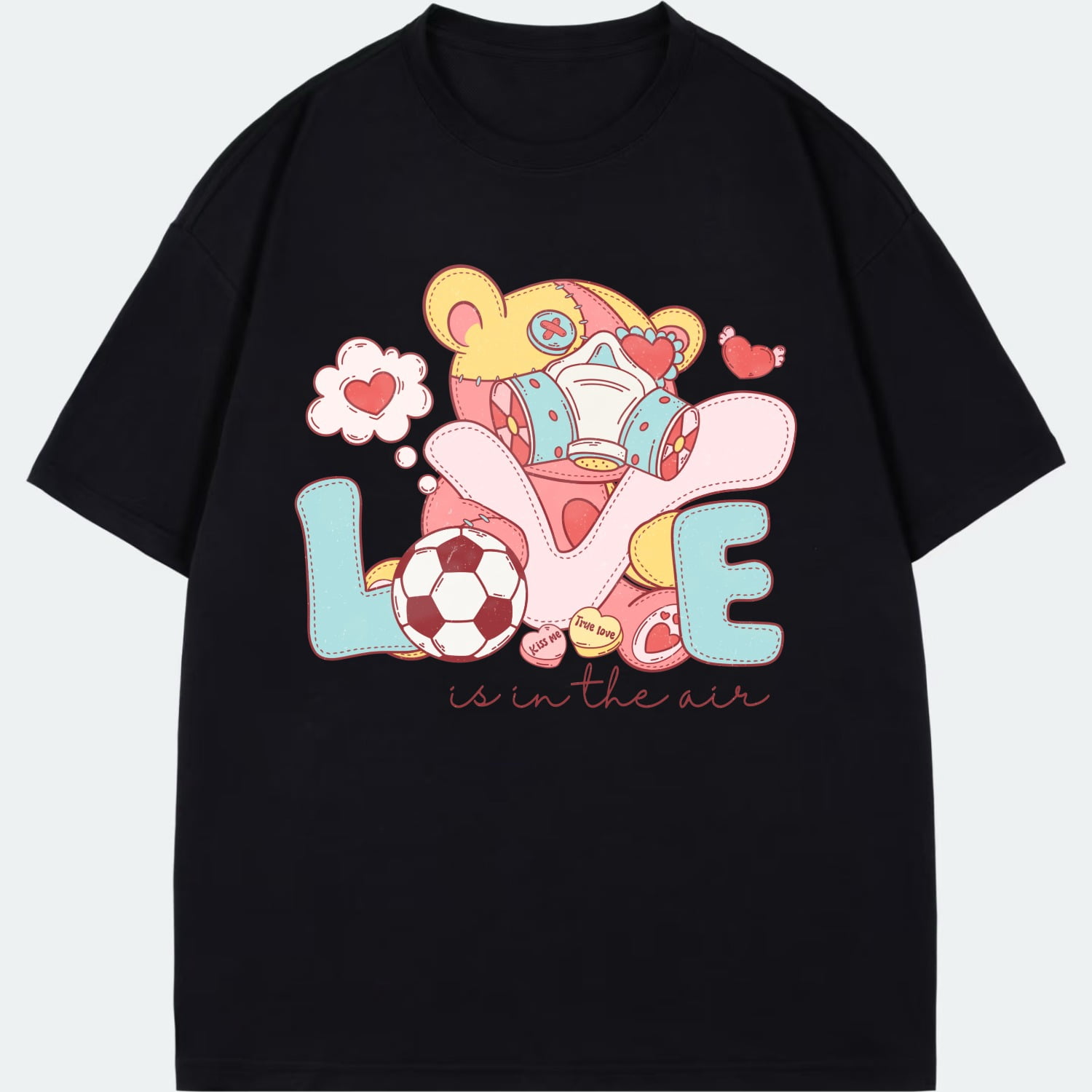 Cute Love In The Air Cartoon T-Shirt Black Heart And Soccer Ball Design ...