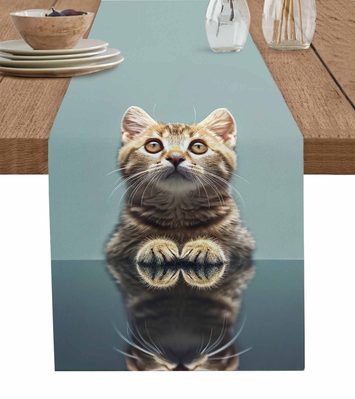 Cute Lovely Cat Table Runner Cotton Linen 90 Inch Holiday Dresser ...