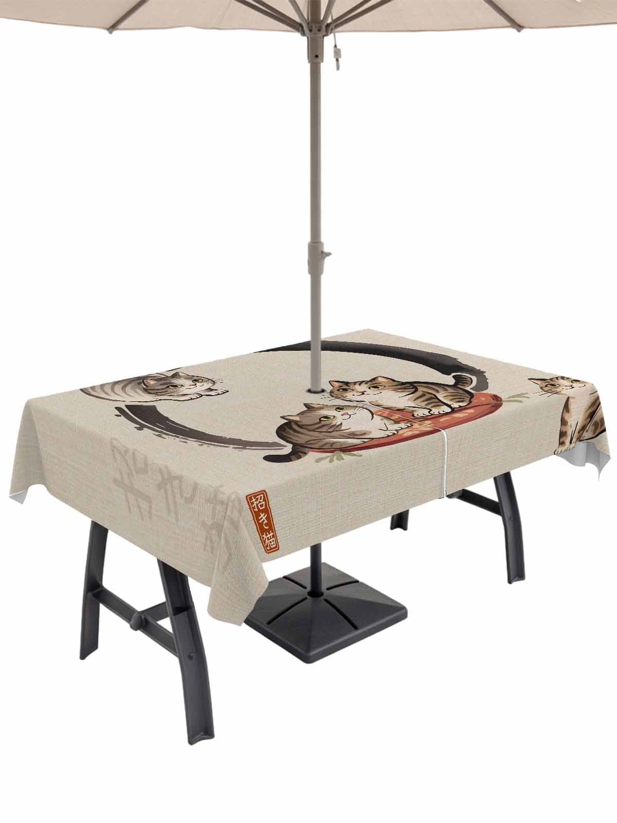 Cute Lucky Cat Rectangle Outdoor Tablecloth with Umbrella Hole Japanese ...