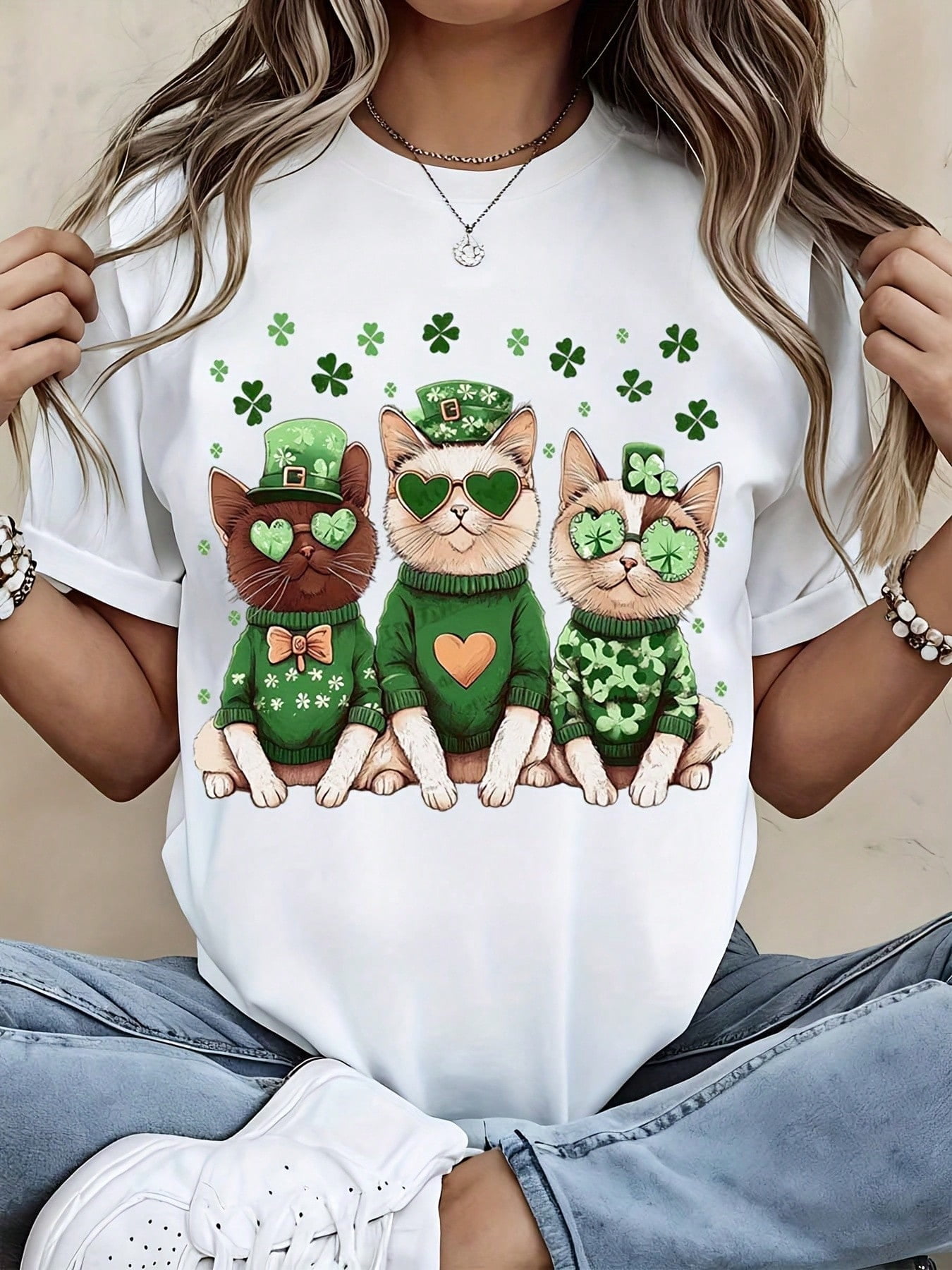 Cute Lucky Shamrock Cats Print for Women Green Holiday Short Sleeve T ...