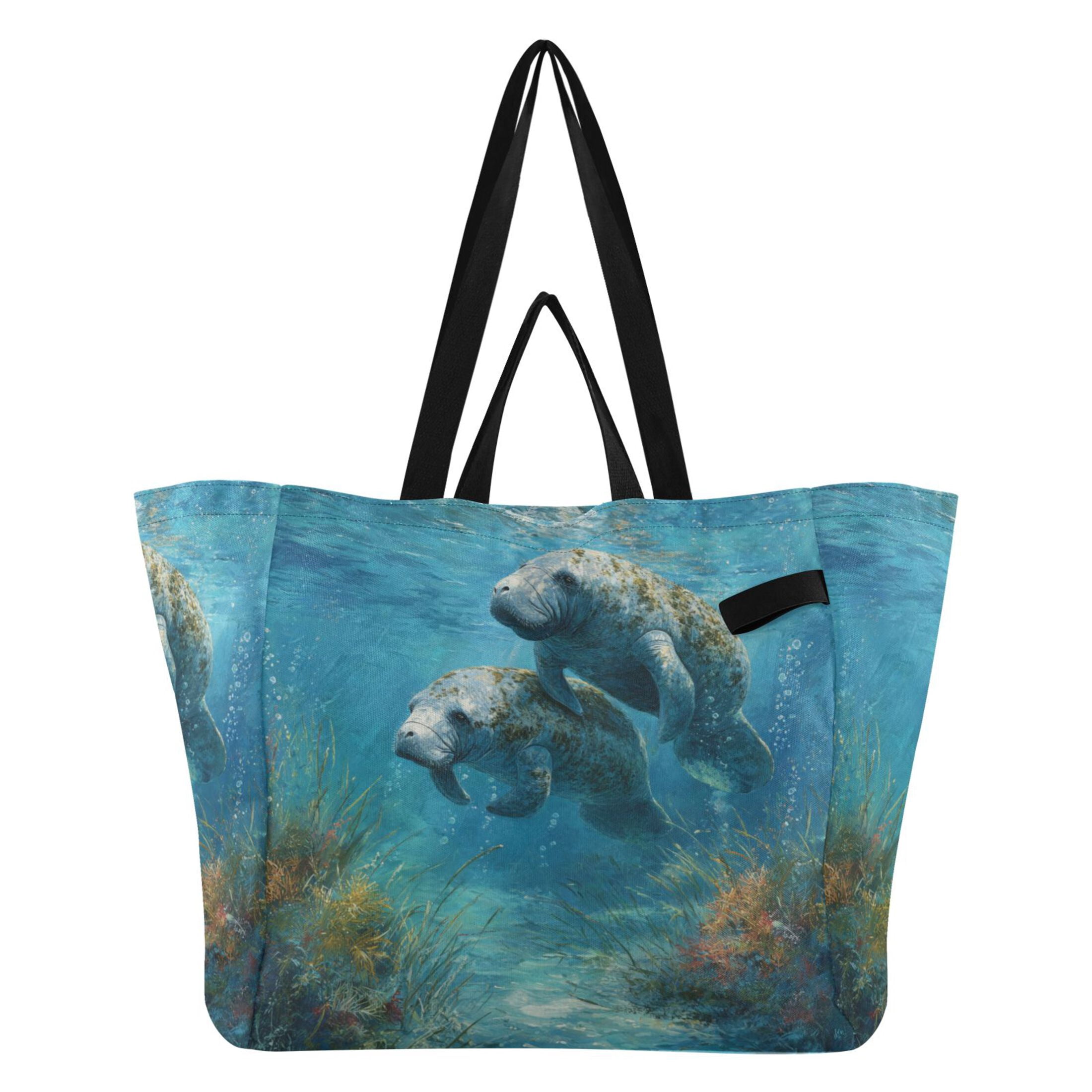 Cute Manatee Canvas Tote Bag Large Capacity Reusable Tote with Double ...