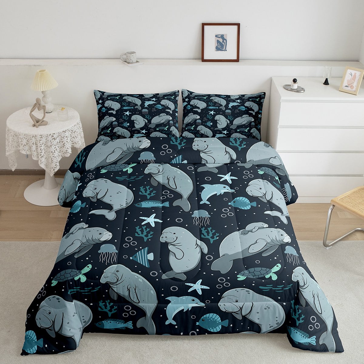 Cute Manatees Comforter Set Full Size, Marine Fishes Bedding , Cartoon ...