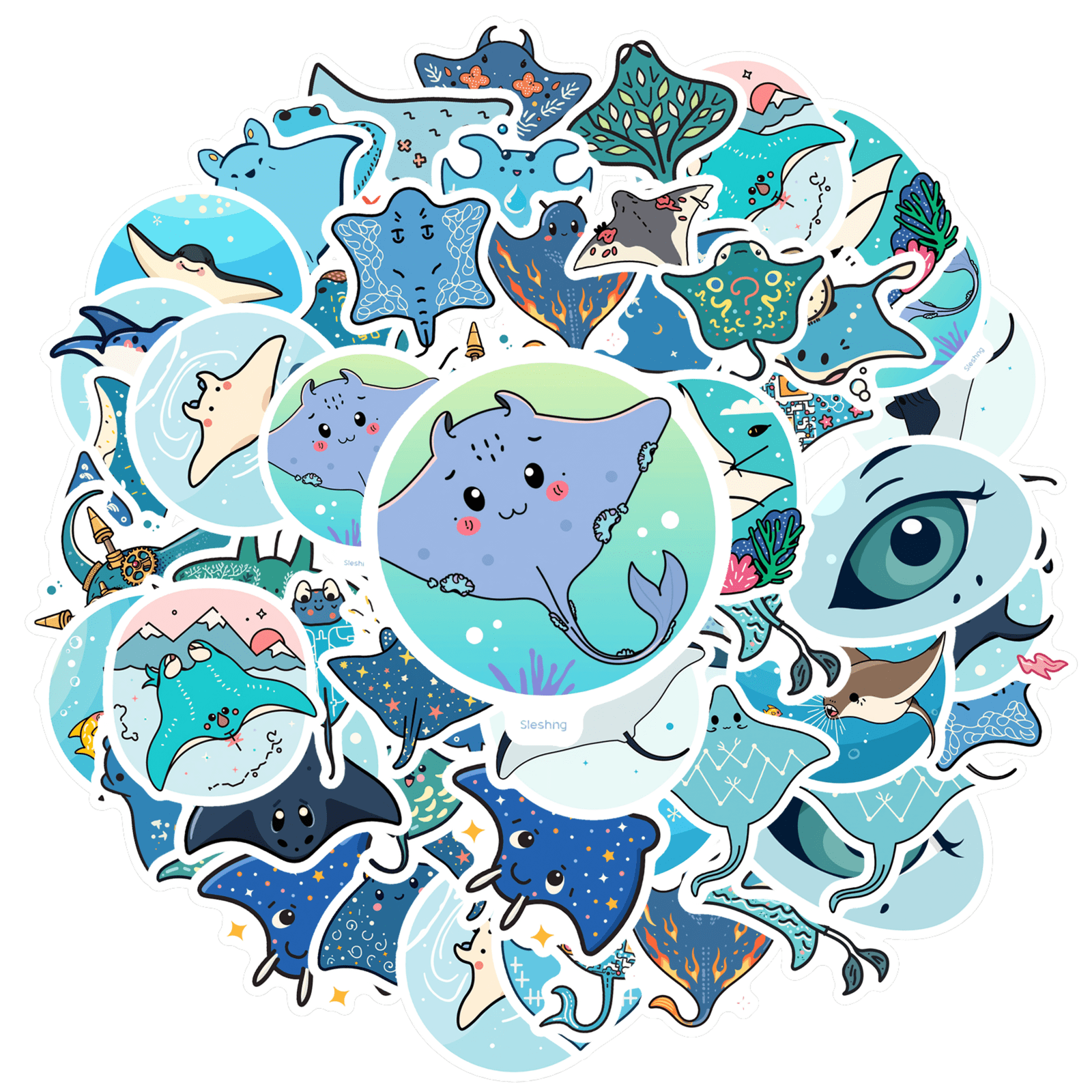 Cute Marine Life Stickers Ocean Animal Decals Cartoon Manta Ray for ...