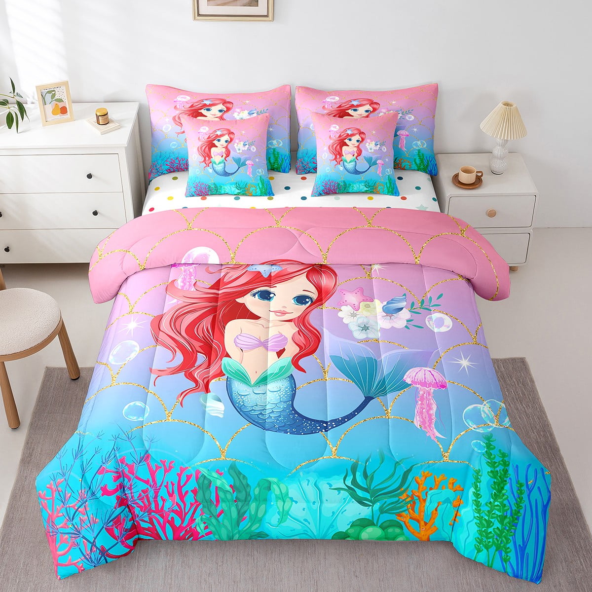 Cute Mermaid Bed in a Bag 7 Pieces Bedroom Funny Underwater Bedding Set ...
