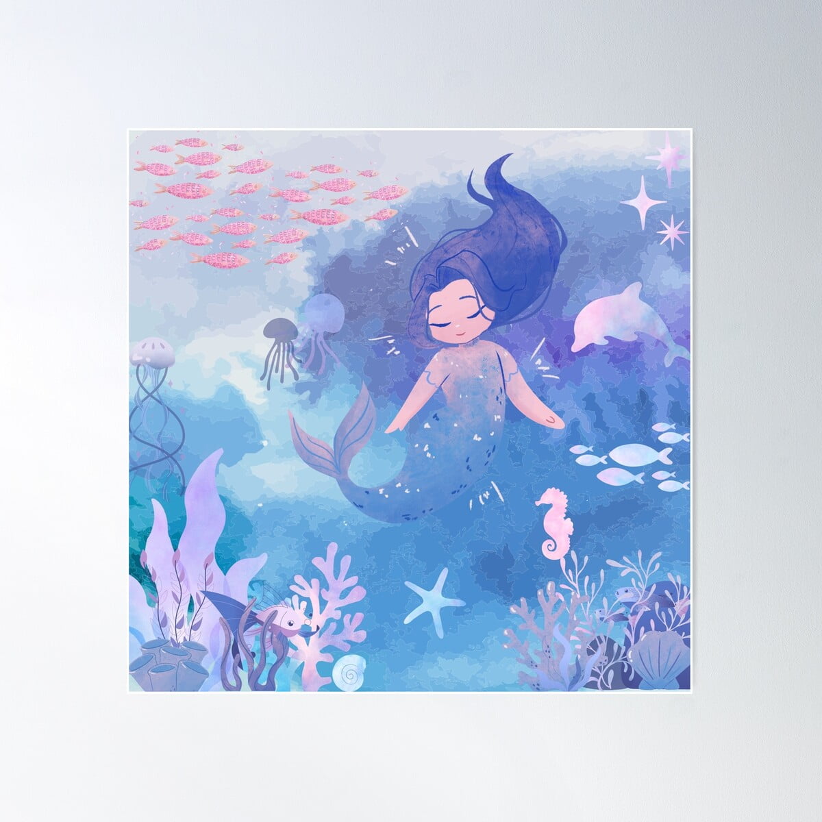 Cute Mermaid In Deep Ocean Poster Wall Art, Modern Wall Decor For ...
