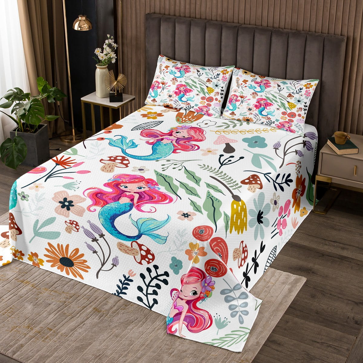 Cute Mermaid King Bedspread Set,Mushroom Floral Coverlet Set Cartoon ...