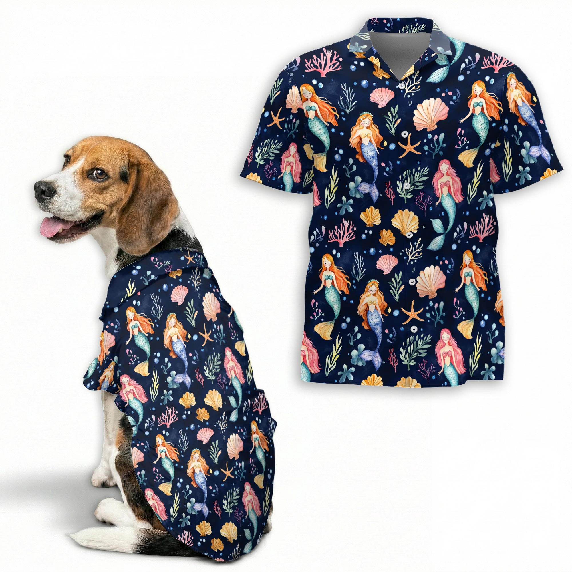 Cute Mermaid Ocean Pattern Hawaiian Shirt, Unisex Adult & Pet Matching ...