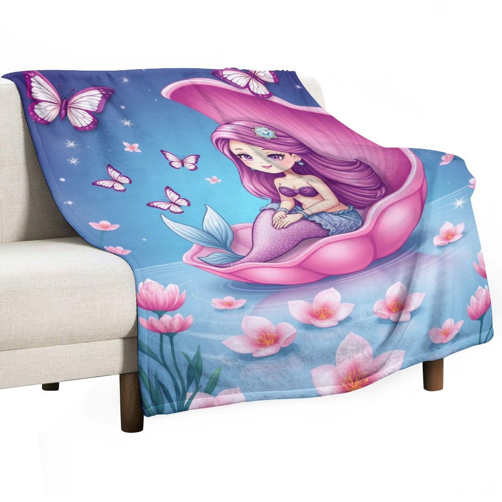 Cute Mermaid Shell Butterflies Flowers Soft Flannel Blanket for Beds ...