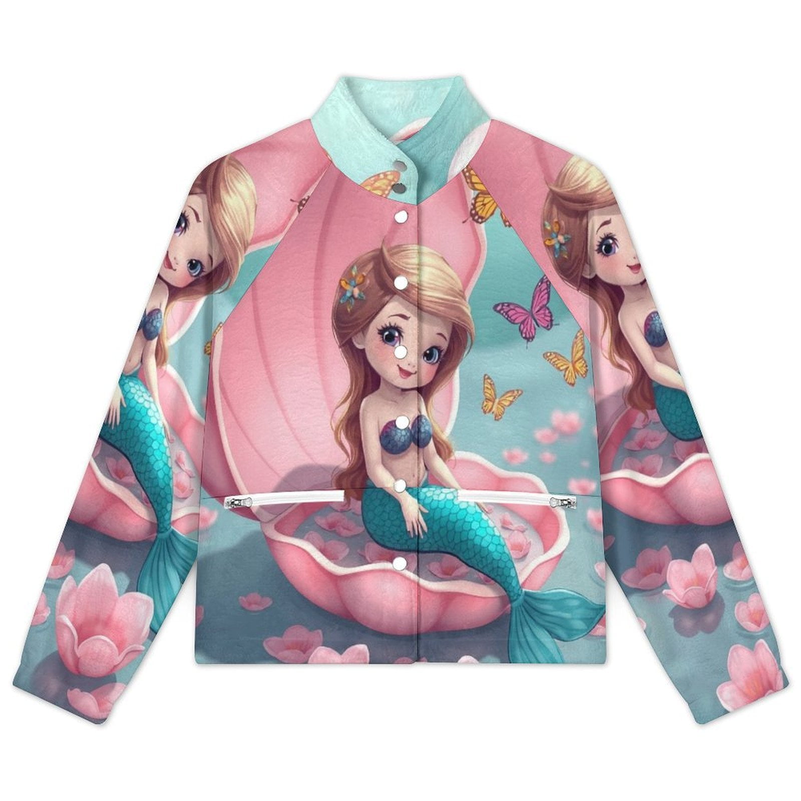 Cute Mermaid Shell Butterflies Flowers Warm Women's Plush Jacket Stand ...